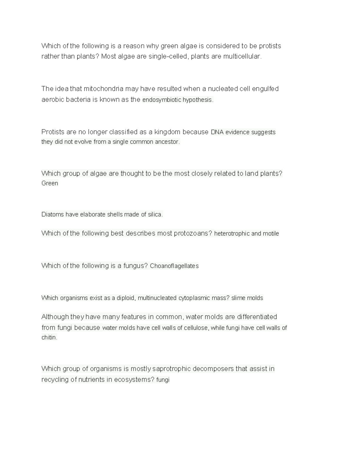 Biology Exam Review: Protists, Fungi, and Algal Characteristics - Which ...
