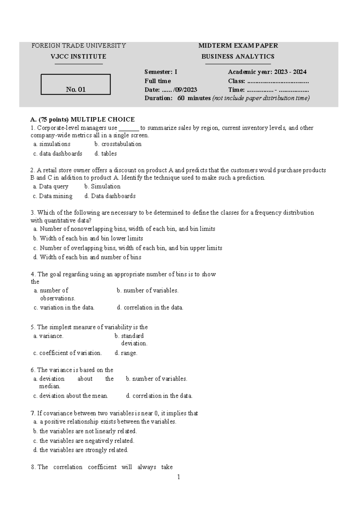 FOREIGN TRADE UNIVERSITY MIDTERM EXAM PAPER VJCC INSTITUTE BUSINESS ...