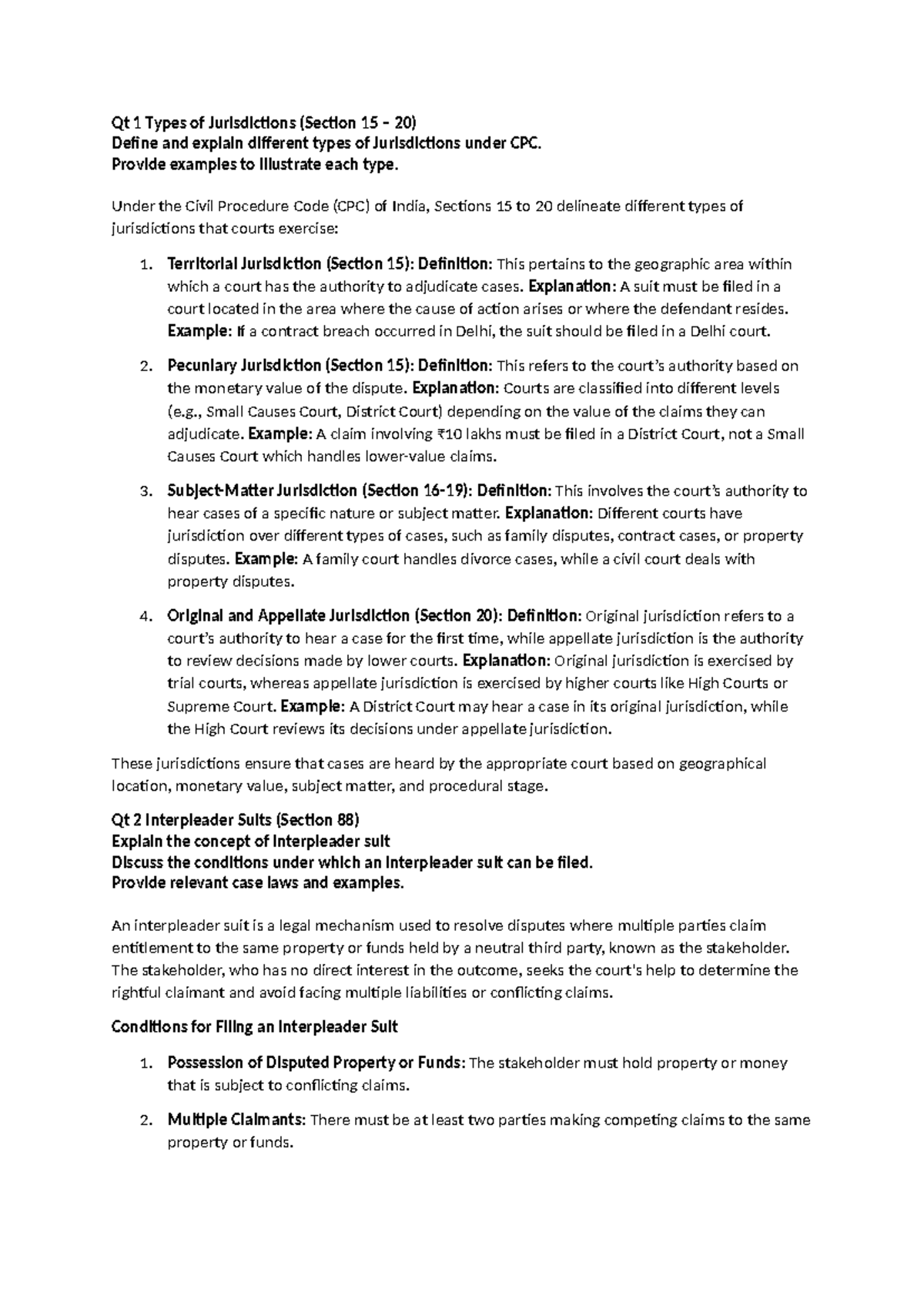 CPC - good - Qt 1 Types of Jurisdictions (Section 15 – 20) Define and ...