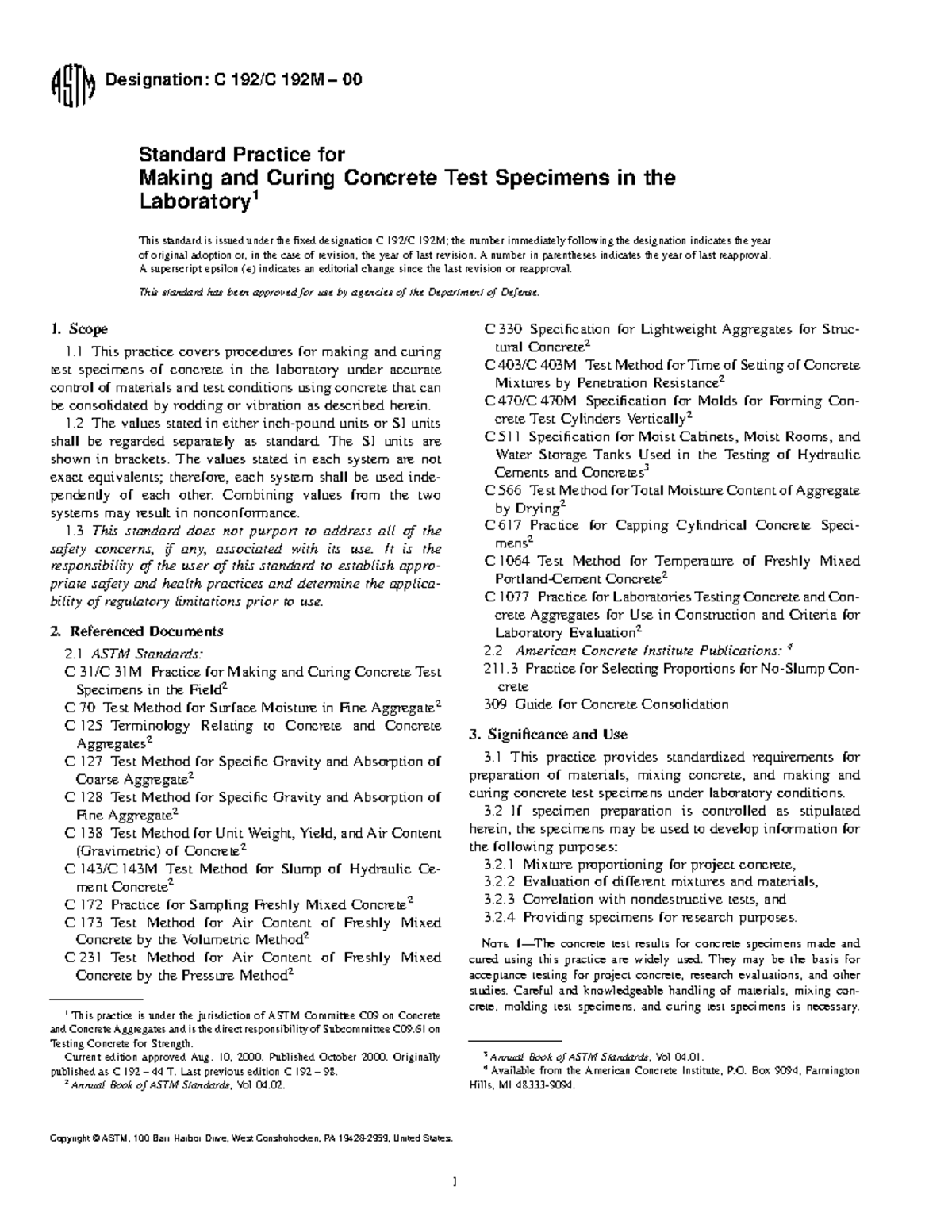 ASTM C192/C192M - Standard Practice for Concrete Test Specimens - Studocu