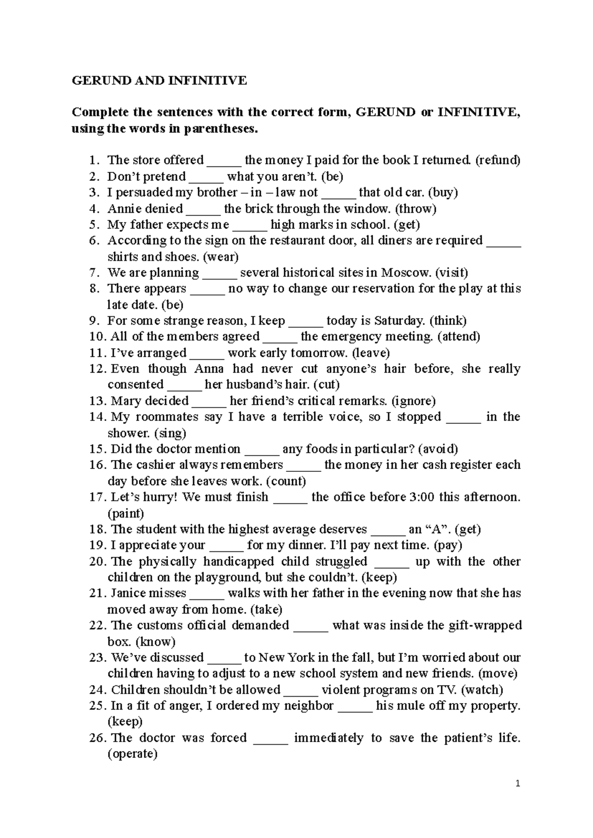 Gerund AND Infinitive - newest exercise - 1 GERUND AND INFINITIVE ...