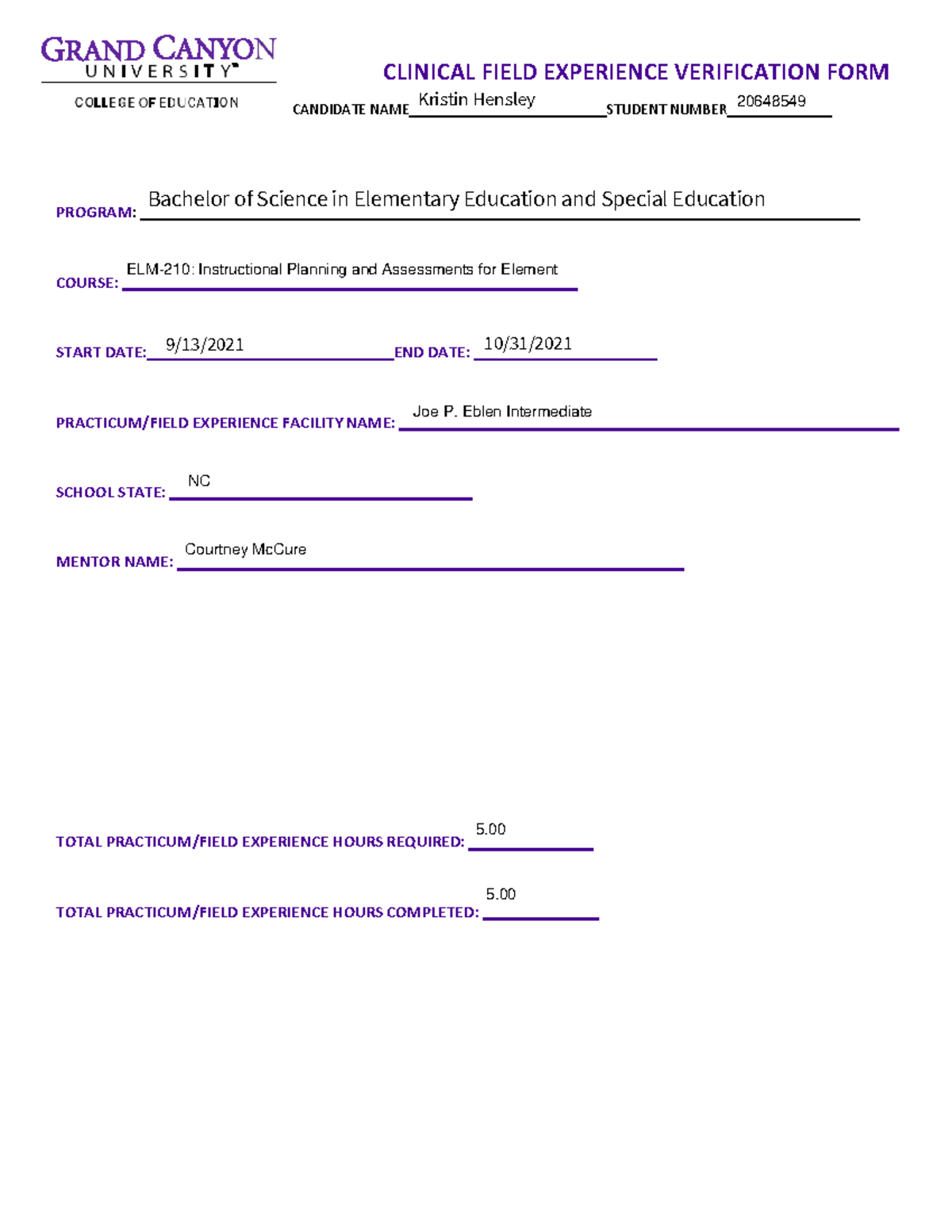 Clinical Field Experience Verification Form - BSEd in Elem & Special Ed ...