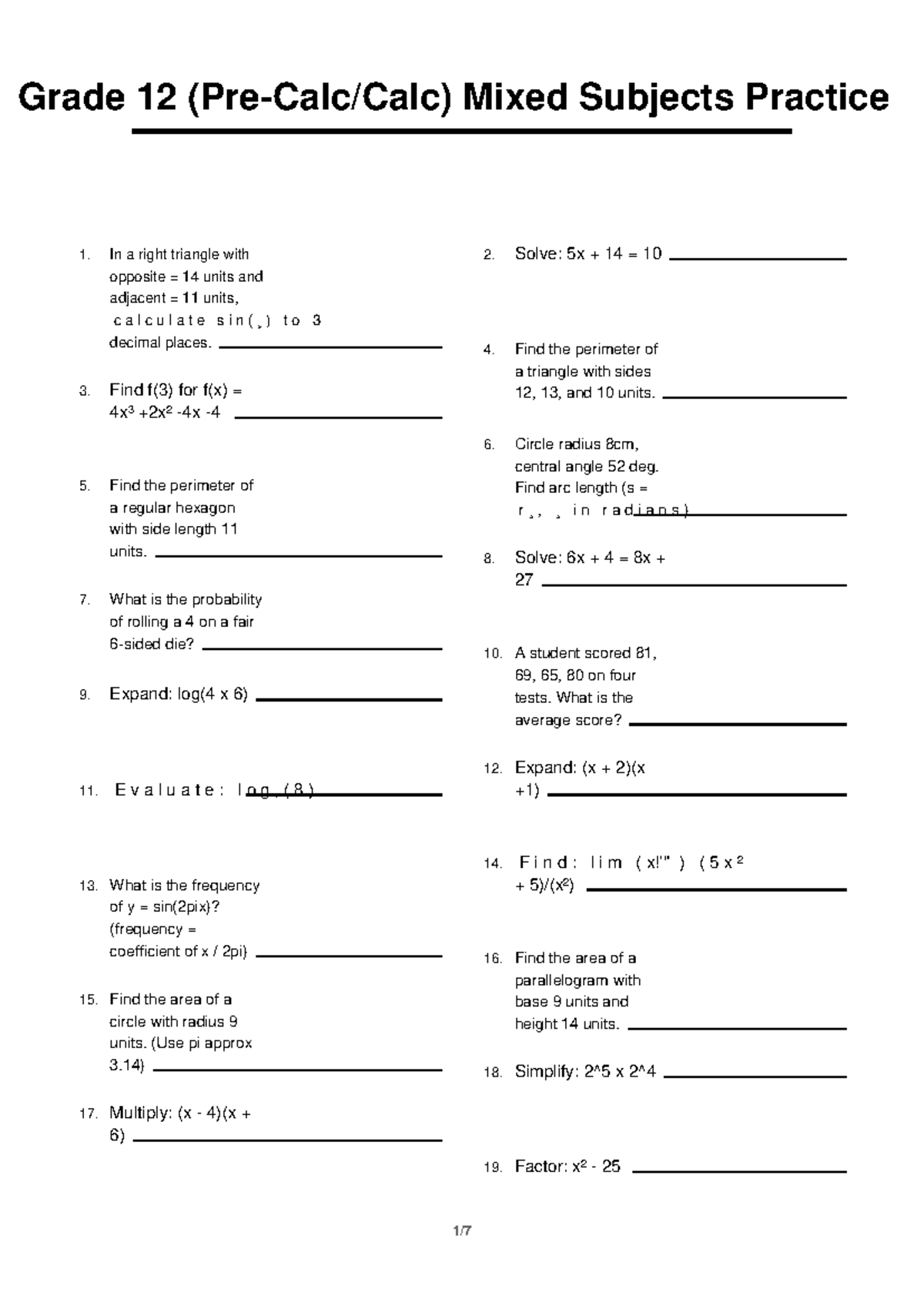 Grade 12 Math Mixed Subjects Practice 5 - Studocu
