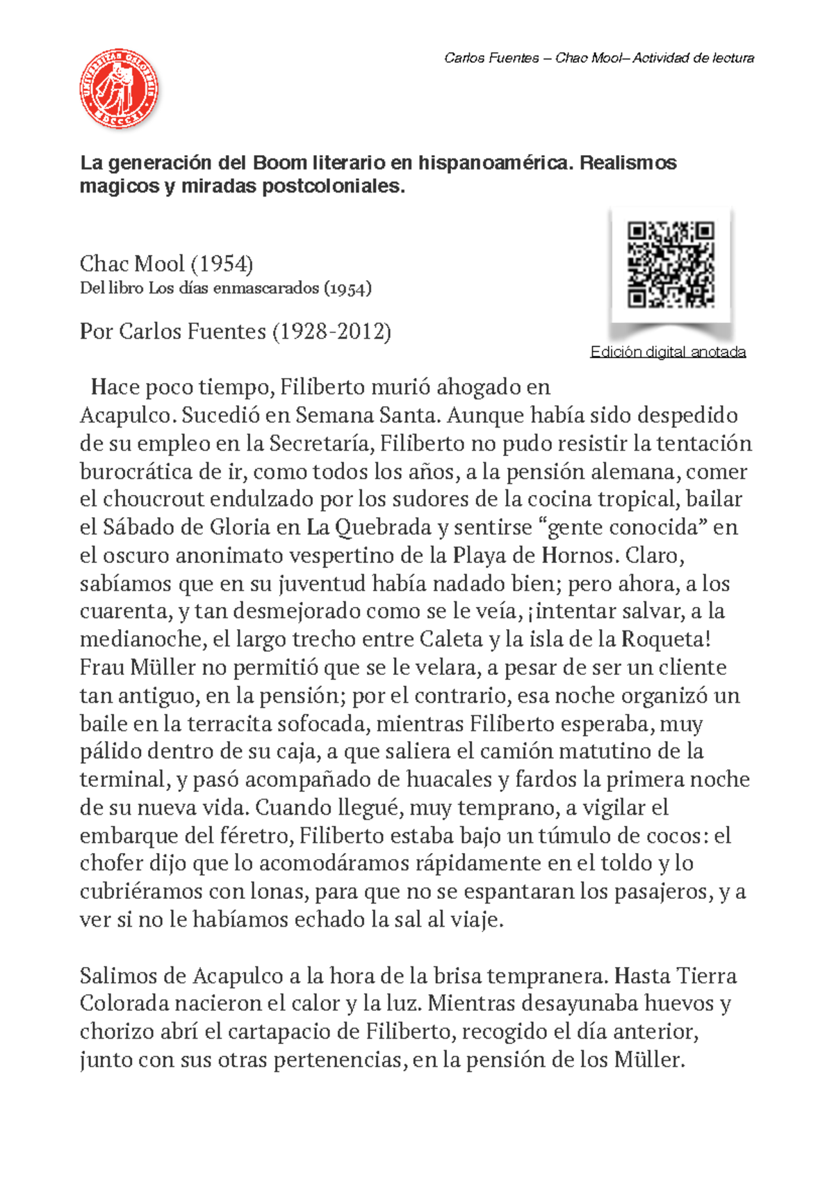 Carlos Fuentes' Chac Mool Activity Sheet - Studocu