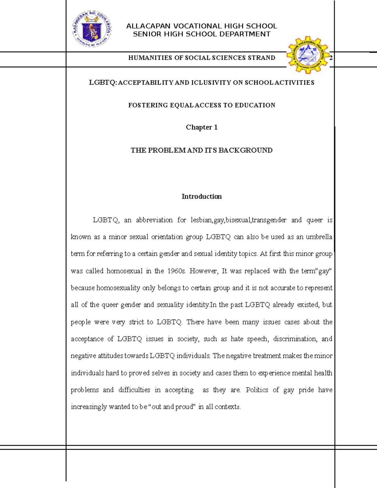 Chapter 1: LGBTQ Acceptability and Inclusivity in School Activities ...