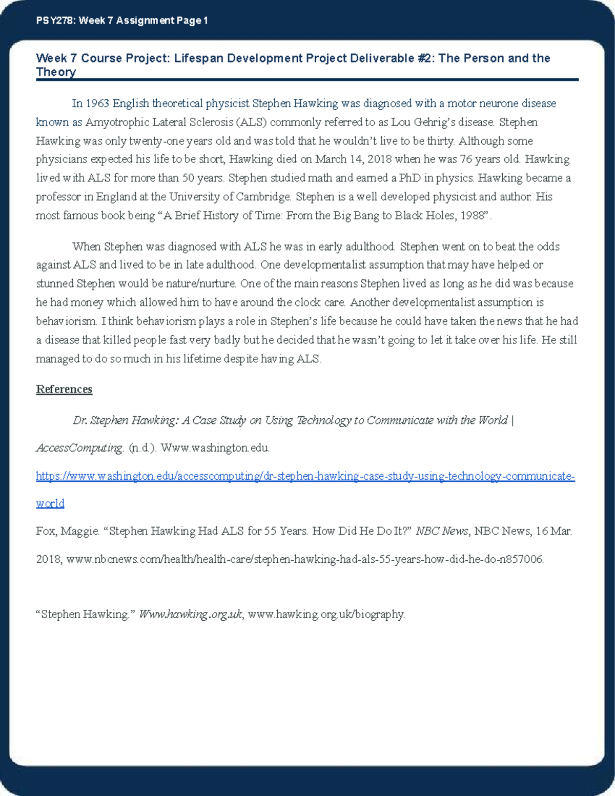 PSY278: Week 7 Lifespan Development Project on Stephen Hawking - Studocu