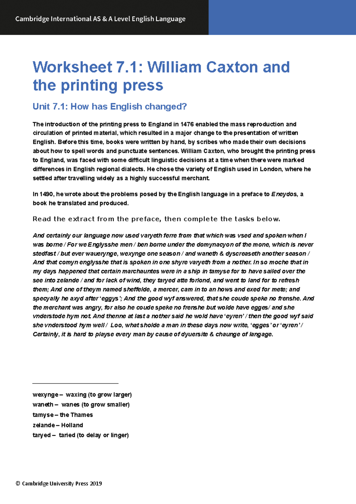 Worksheet 7 - William Caxton & the Impact of the Printing Press - Studocu