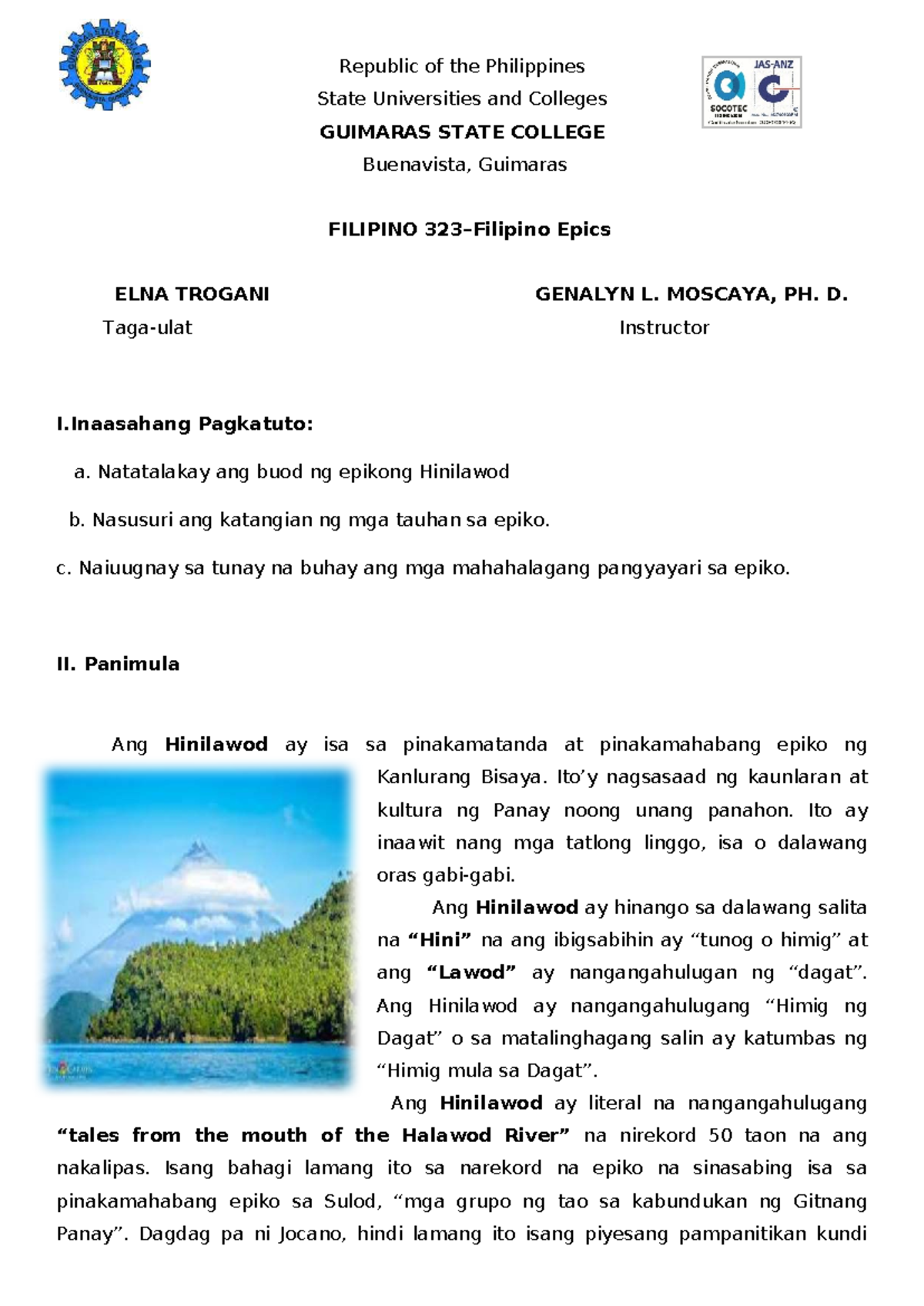468641765 Filipino 323 - Outline ng Epikong Hinilawod at mga Tauhan ...