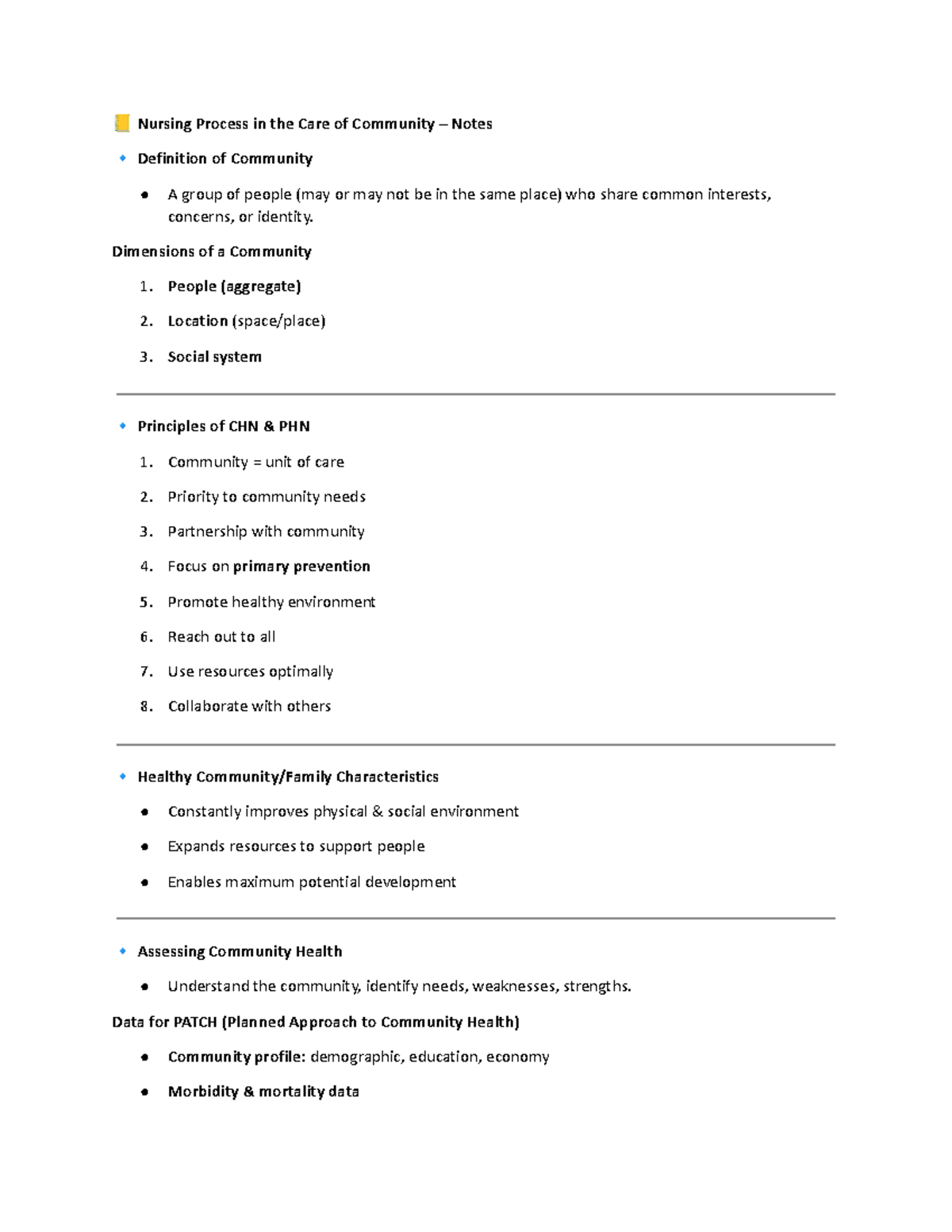 CHN 101: Community Health Nursing Process Study Notes - Studocu