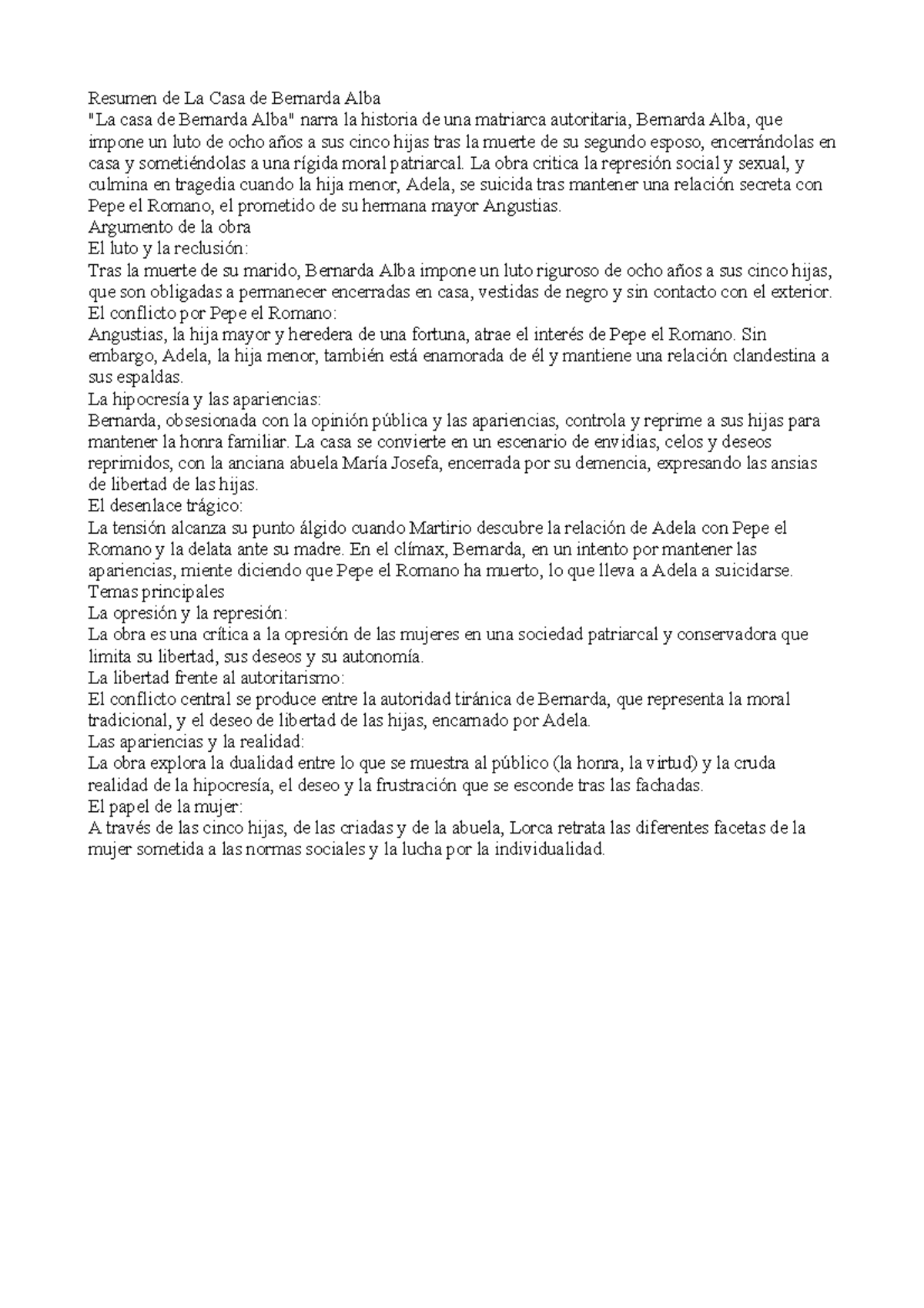 Resumen de La Casa de Bernarda Alba: Análisis y Temas Clave - Studocu