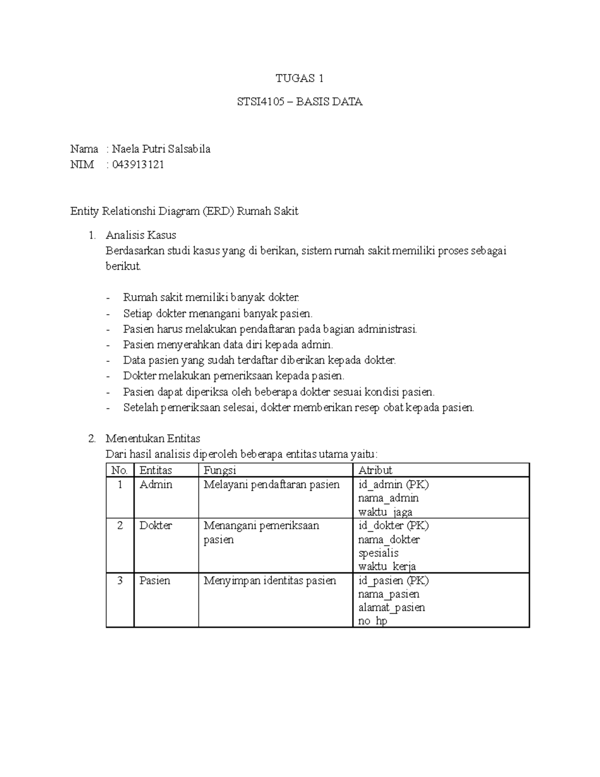 Tugas 1 - STSI4105 Basis Data: Analisis ERD Rumah Sakit - Studocu