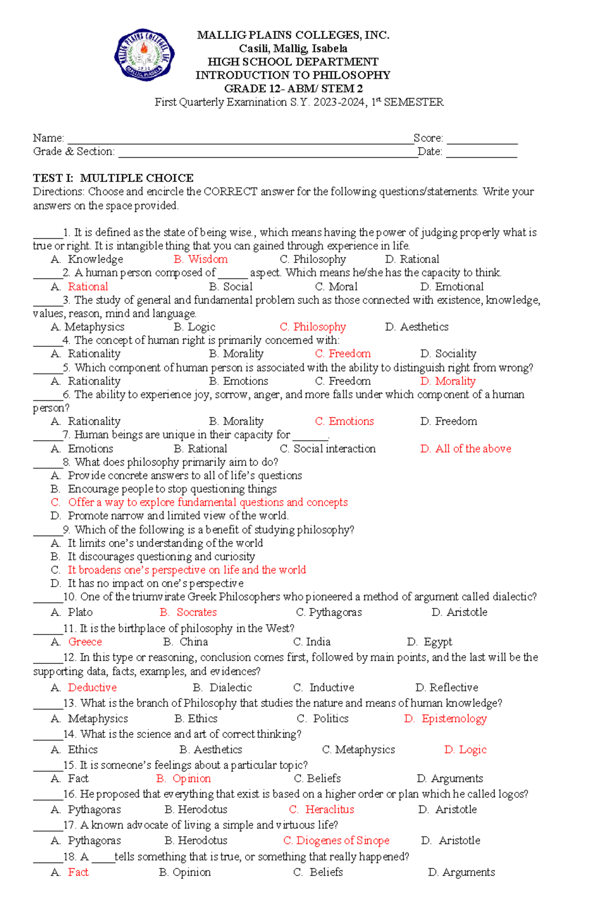 Grade 12 ABM/STEM 2 - Intro to Philosophy 1st Quarter Exam S.Y. 2023 ...