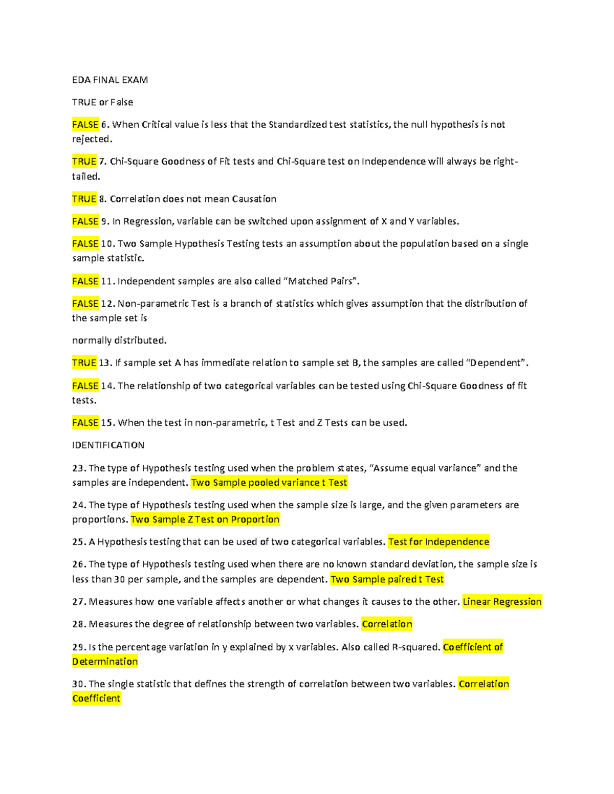 EDA Final Exam Review: Engineering Data Analysis Techniques - Studocu