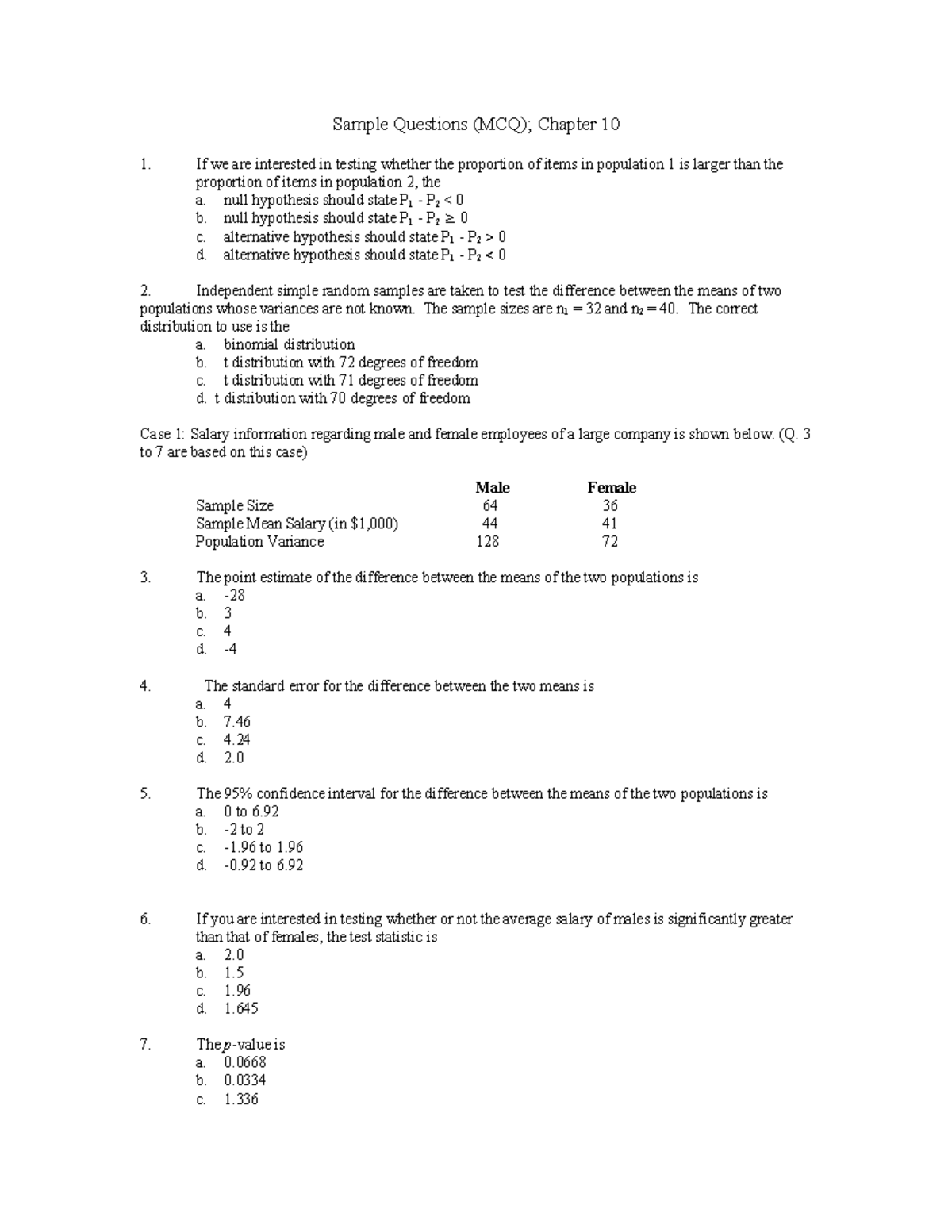 Sample MCQ Questions for Ch 10: Statistics & Hypothesis Testing - Studocu