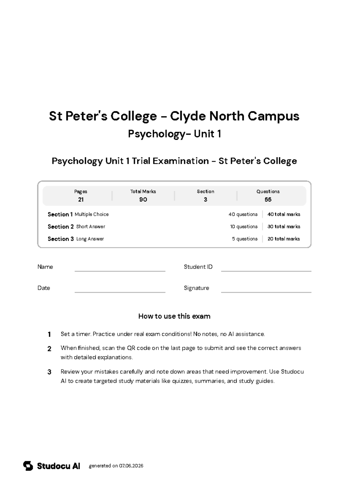Psychology Unit 1 Trial Exam - St Peter's College - Studocu