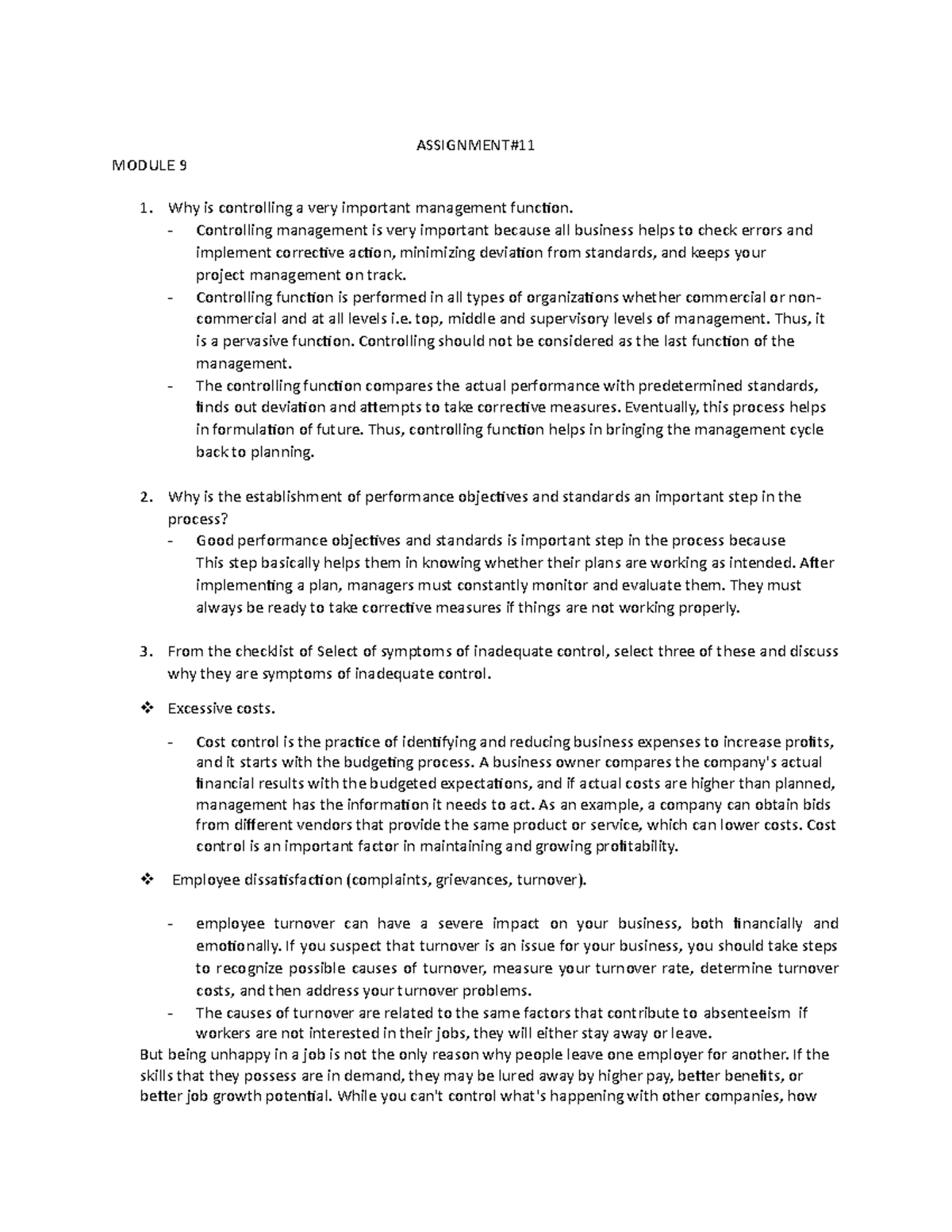 ENGINEERING MANAGEMENT - ASSIGNMENT# MODULE 9 Why is controlling a very ...