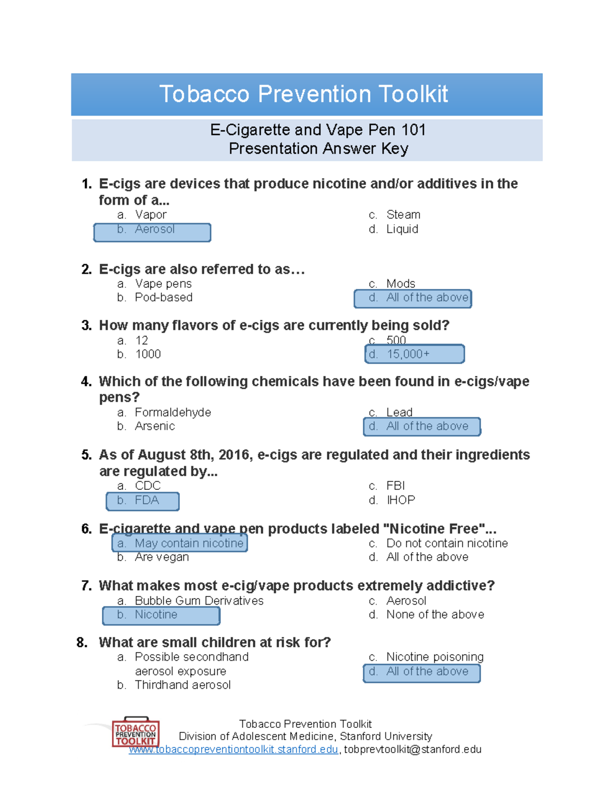 E-Cigarette & Vape Pen 101: Presentation Answer Key (Final Exam) - Studocu