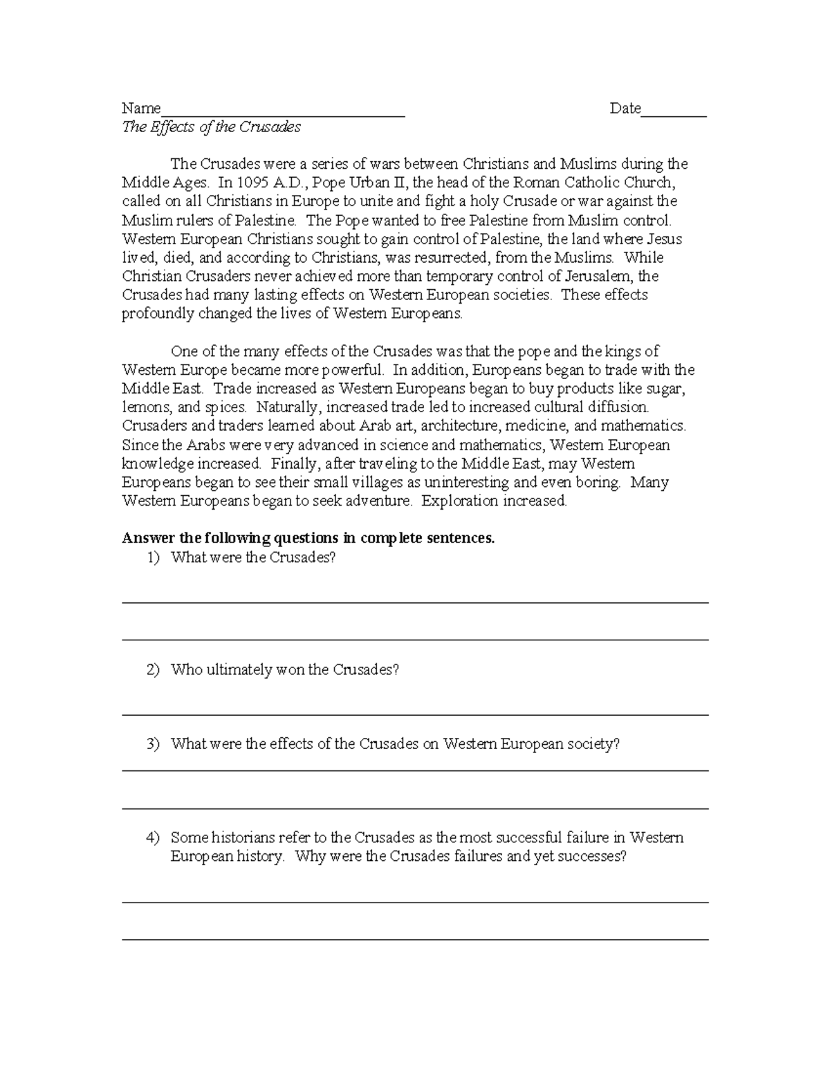 The Lasting Effects of the Crusades on Western Europe: A Study - Studocu