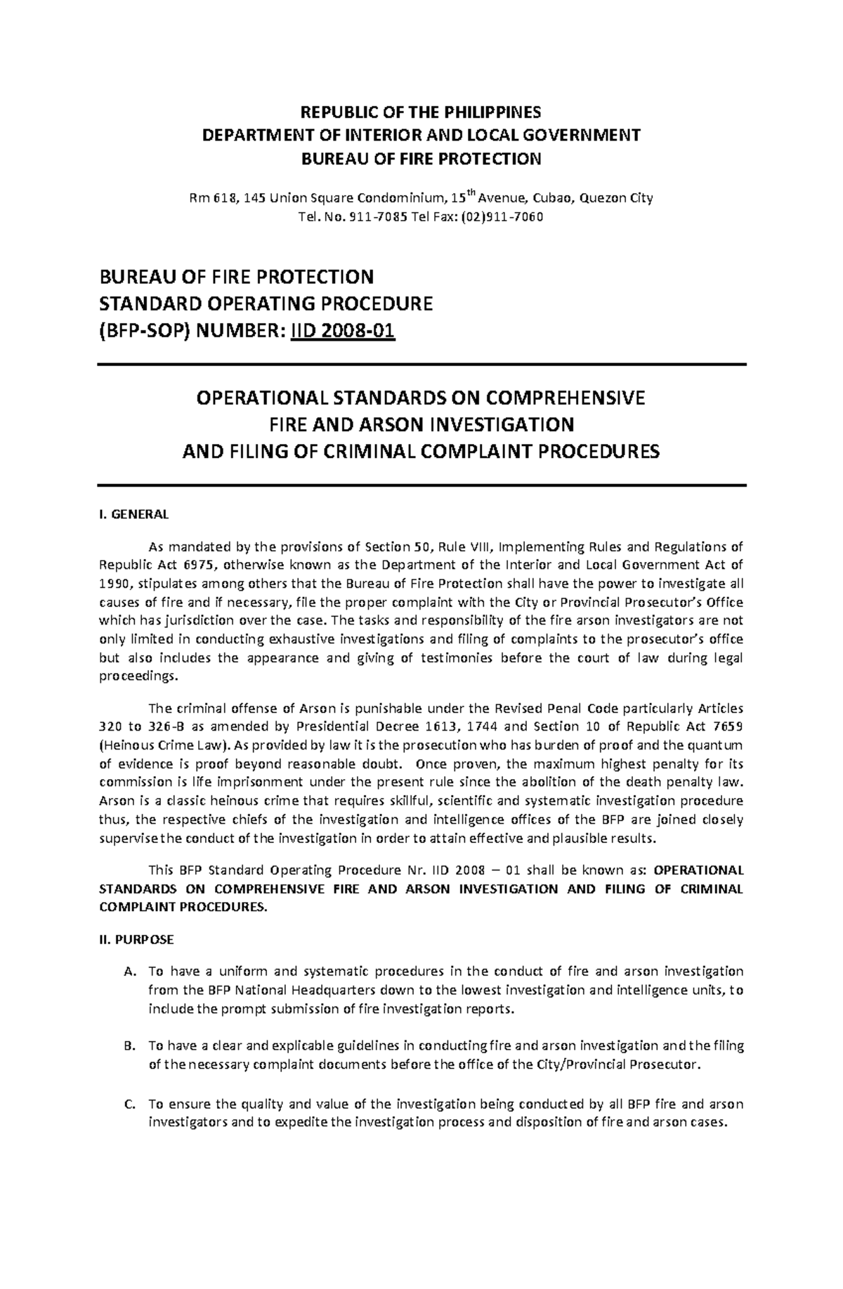 BFP-SOP IID 2008: Operational Standards for Fire & Arson Investigation ...