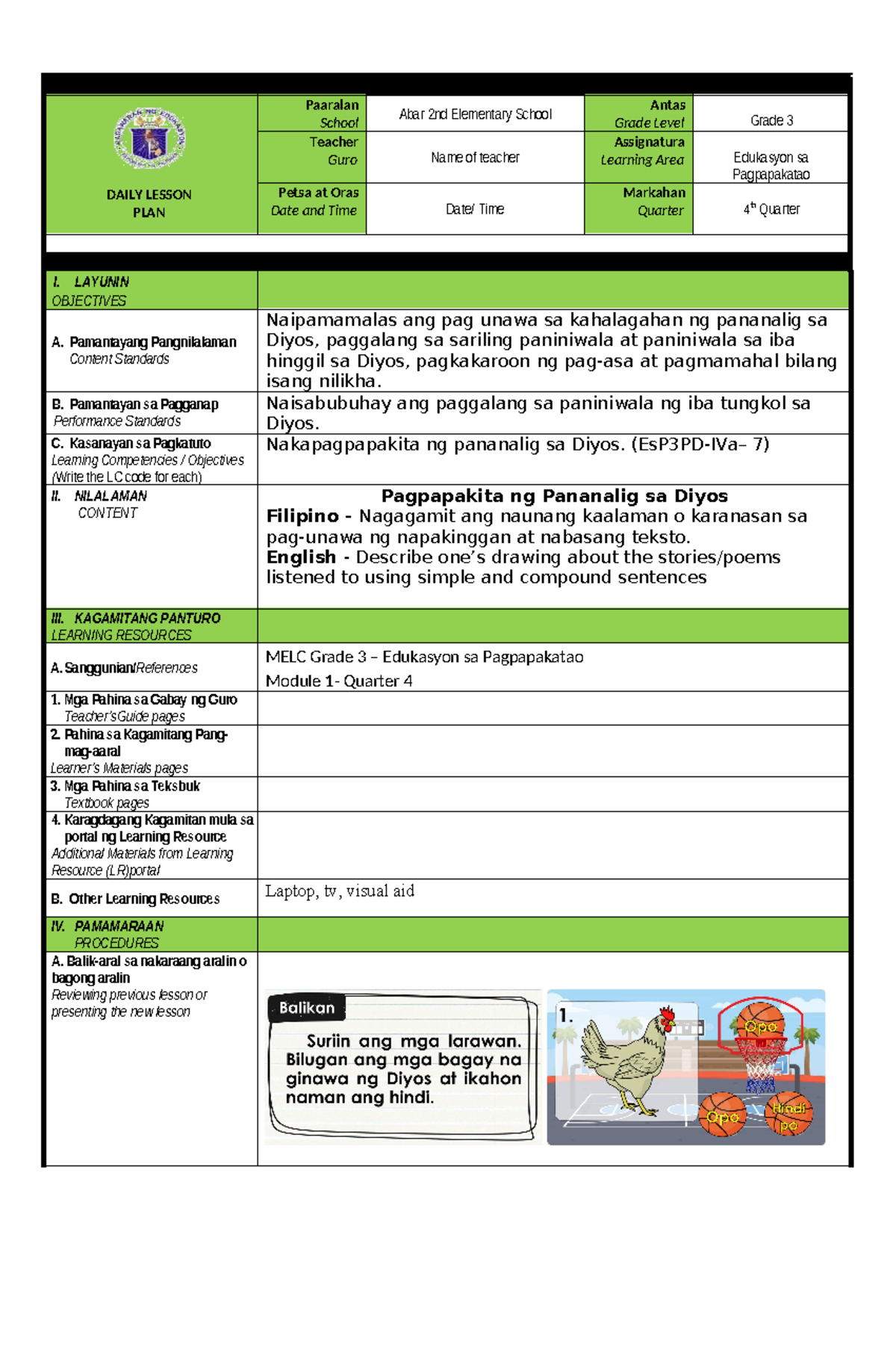 Pagpapakita ng Pananalig sa Diyos - DAILY LESSON PLAN Paaralan School ...