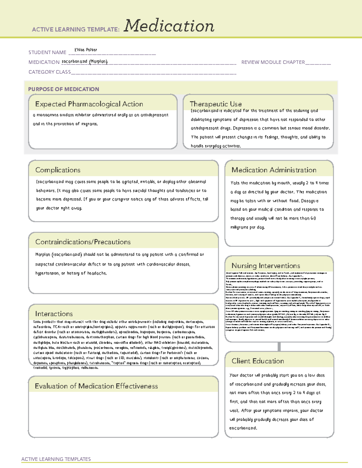 Isocarboxazid Medication Card - Active Learning Template Guide - Studocu