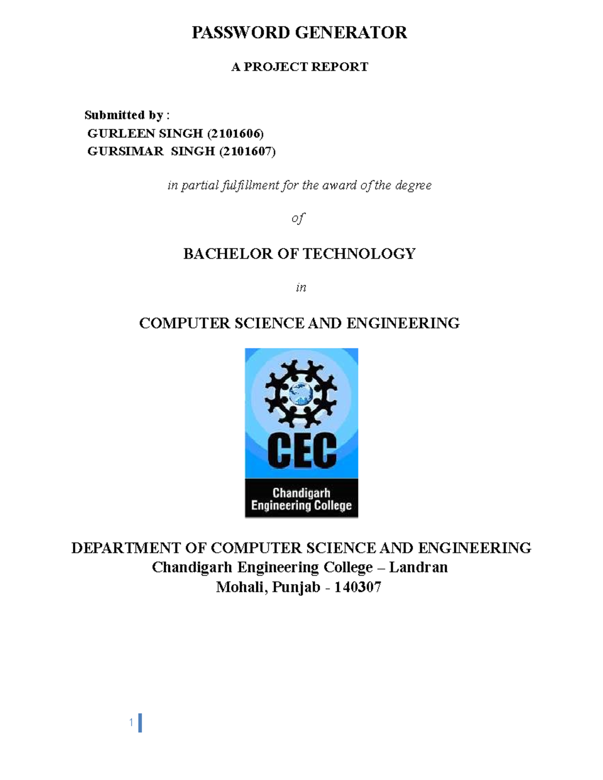 Password Generator Project Report - BTech CSE (2101606 & 2101607) - Studocu