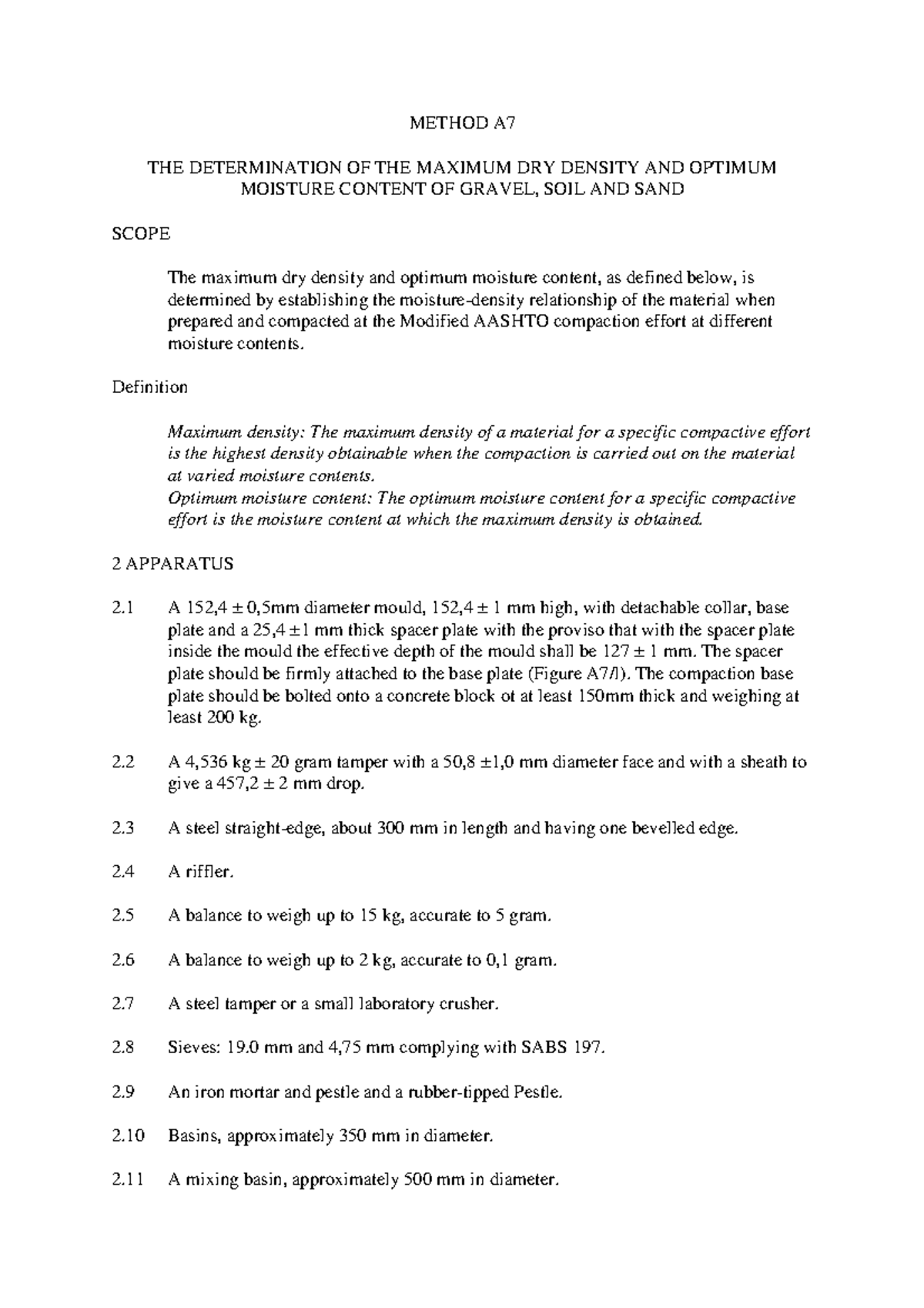 TMH A7: Determining Max Dry Density & Optimum Moisture Content - Studocu