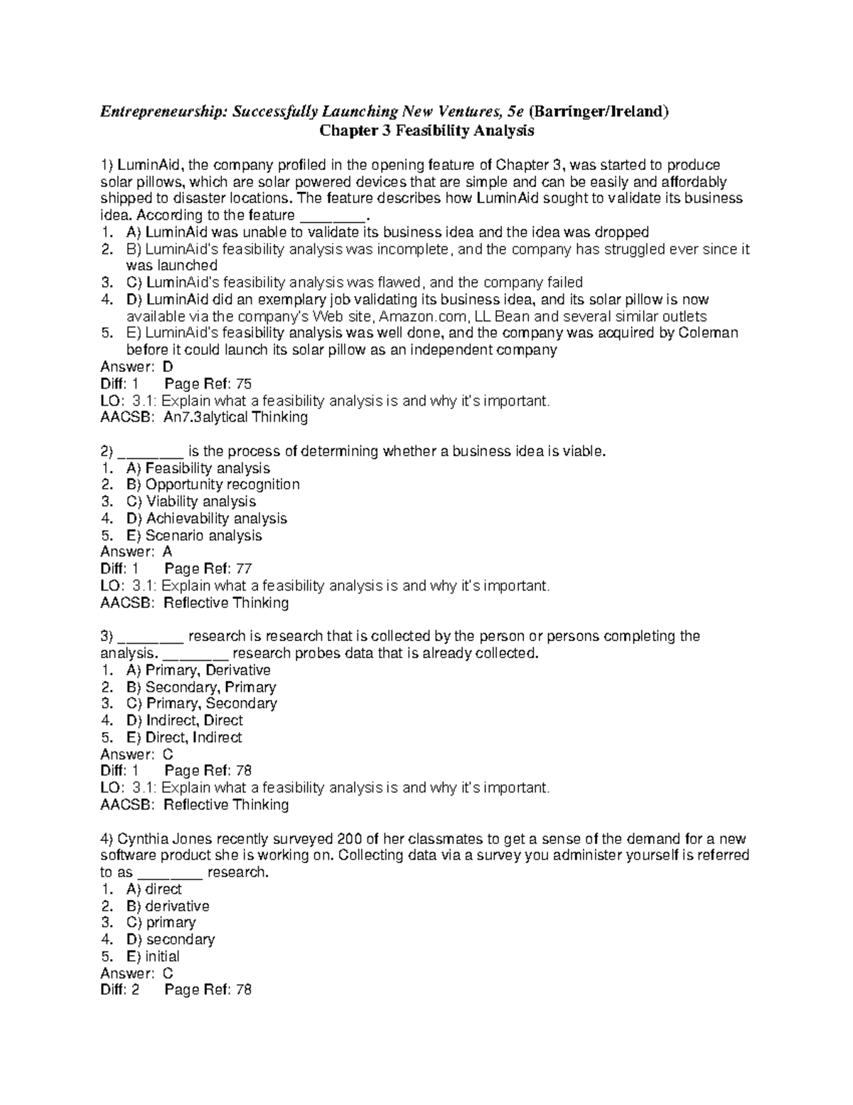 Entrepreneurship 5e: Chapter 3 Feasibility Analysis Test Bank - Studocu