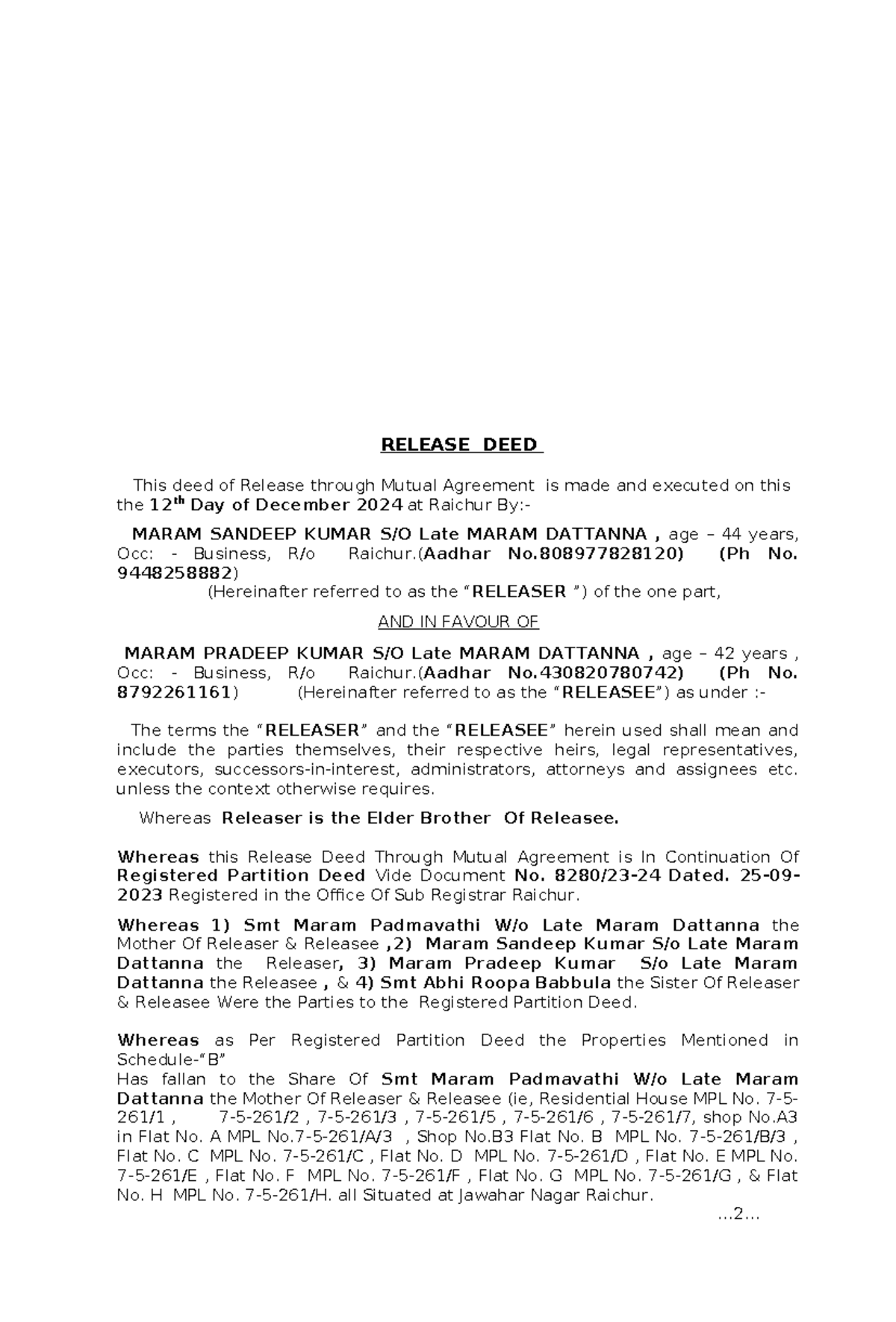 Release Deed Format: Mutual Agreement Between Maram Sandeep & Pradeep - Studocu