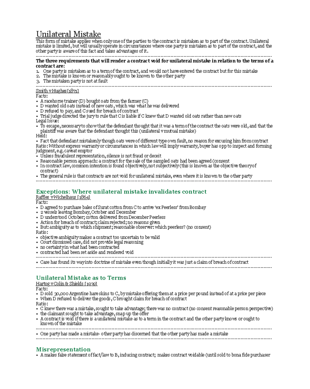 L12 Mistake - notes - Unilateral Mistake This form of mistake applies ...