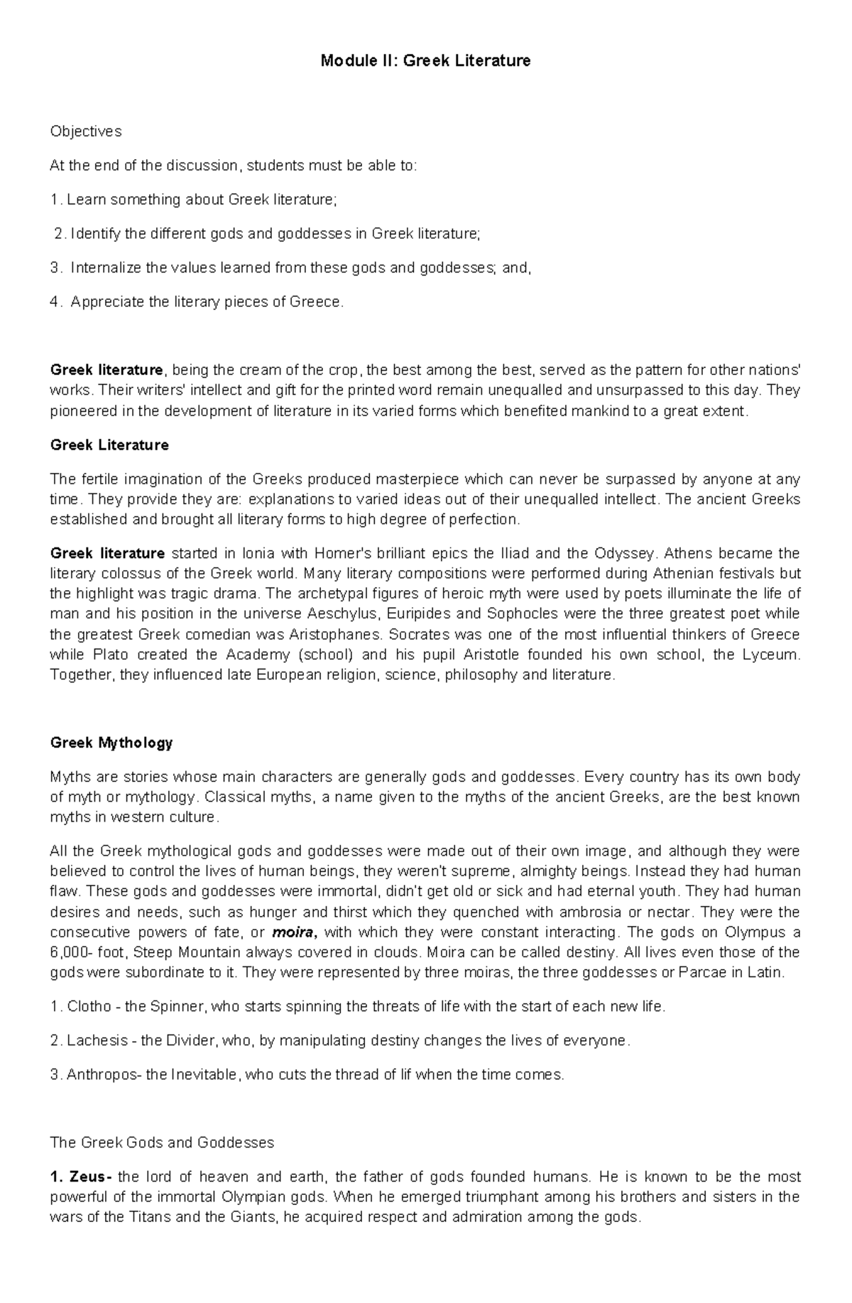 Greek Literature Overview: The Myths and Values of Ancient Greece - Studocu