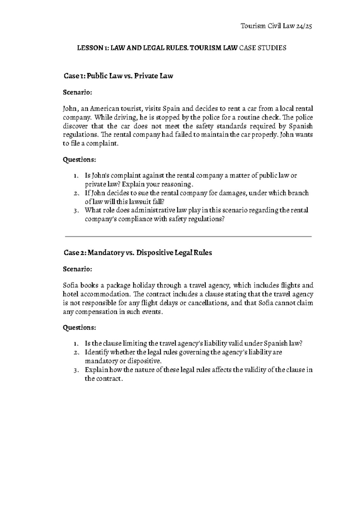 Tourism Civil Law LESSON 1: Case Studies on Legal Rules and Norms - Studocu