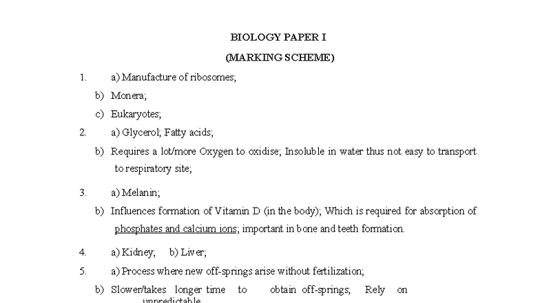 Biology F4 P1 Marking Scheme - Learners' Revision Notes - Studocu