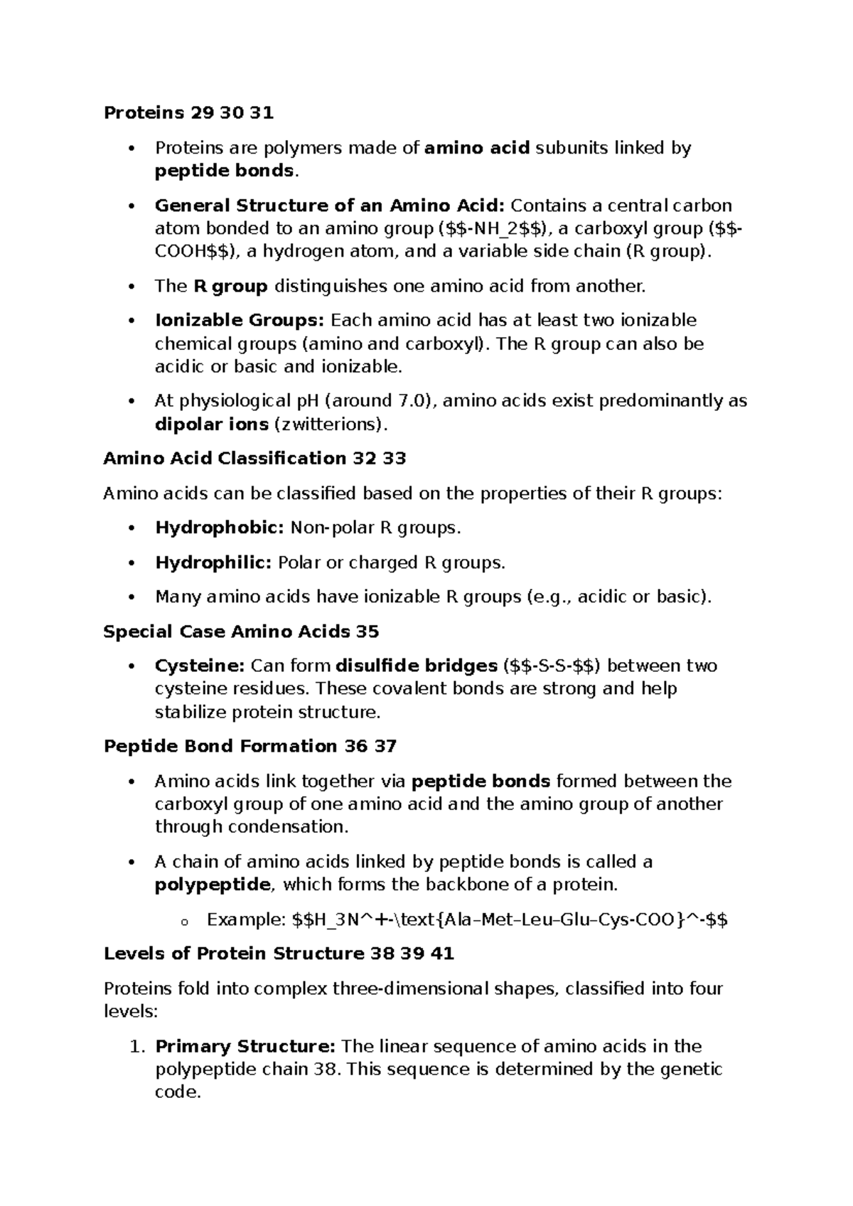 Unit 4: Lecture Notes on Protein Structure and Amino Acids - Studocu