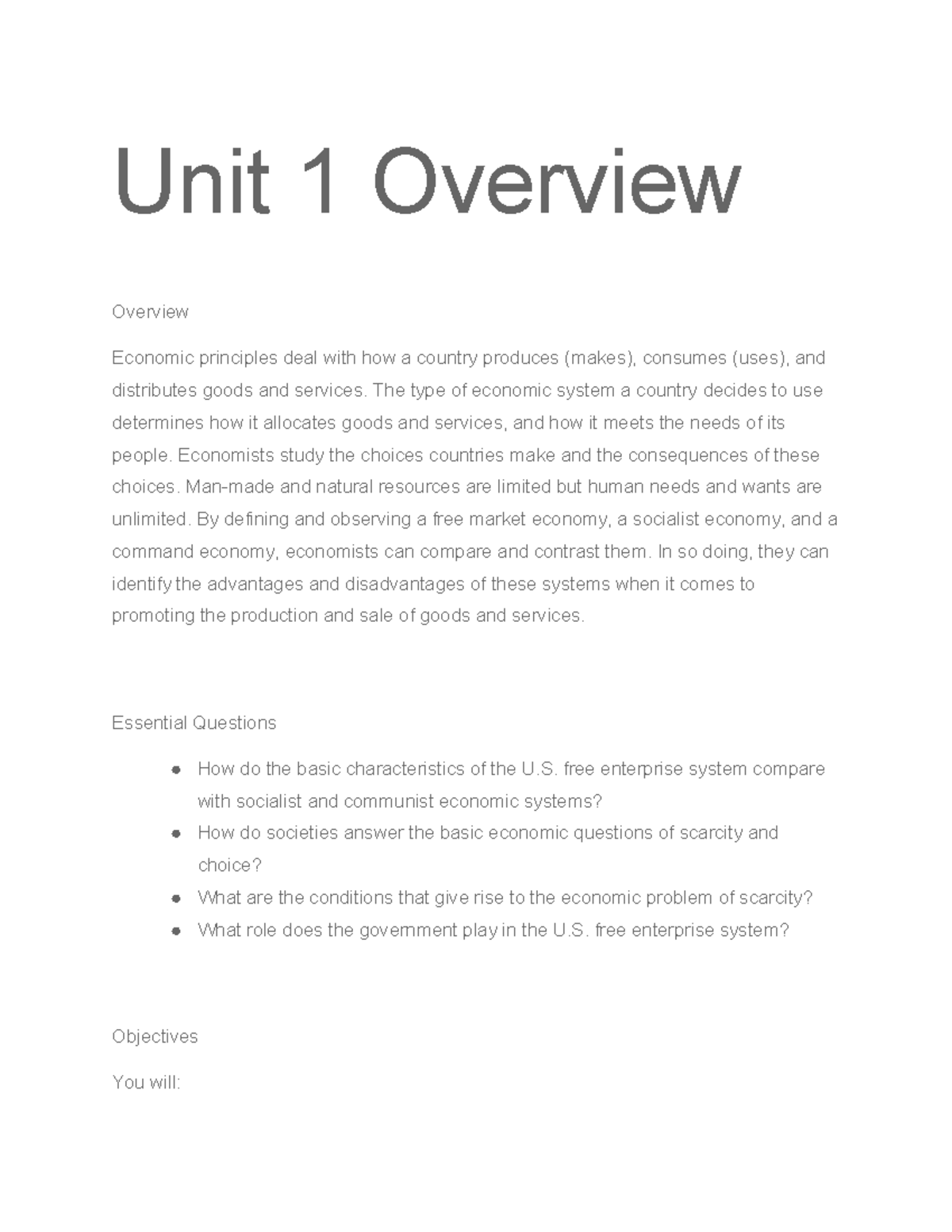 Unit 1: Economic Systems Overview - Free Market, Socialism, and ...