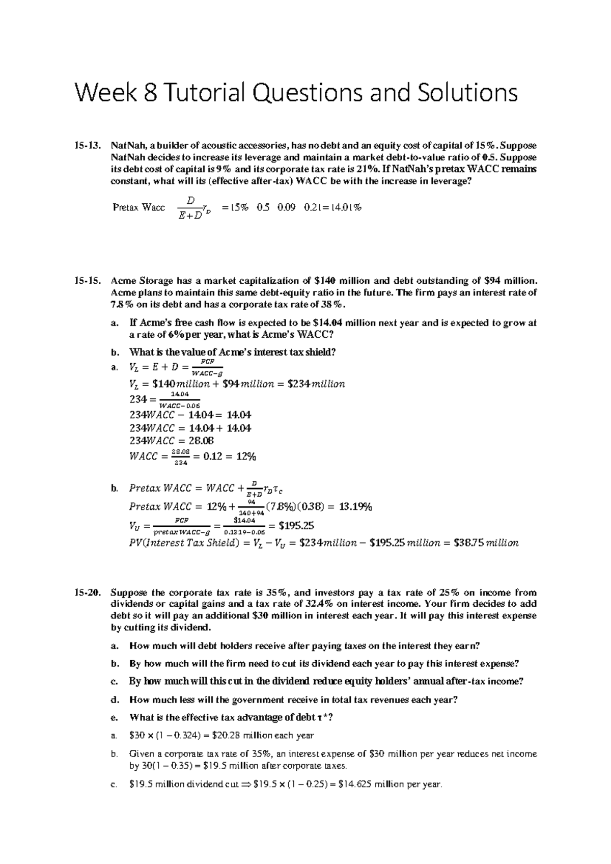 Week 8 Tutorial Questions & Solutions - Finance Concepts - Studocu