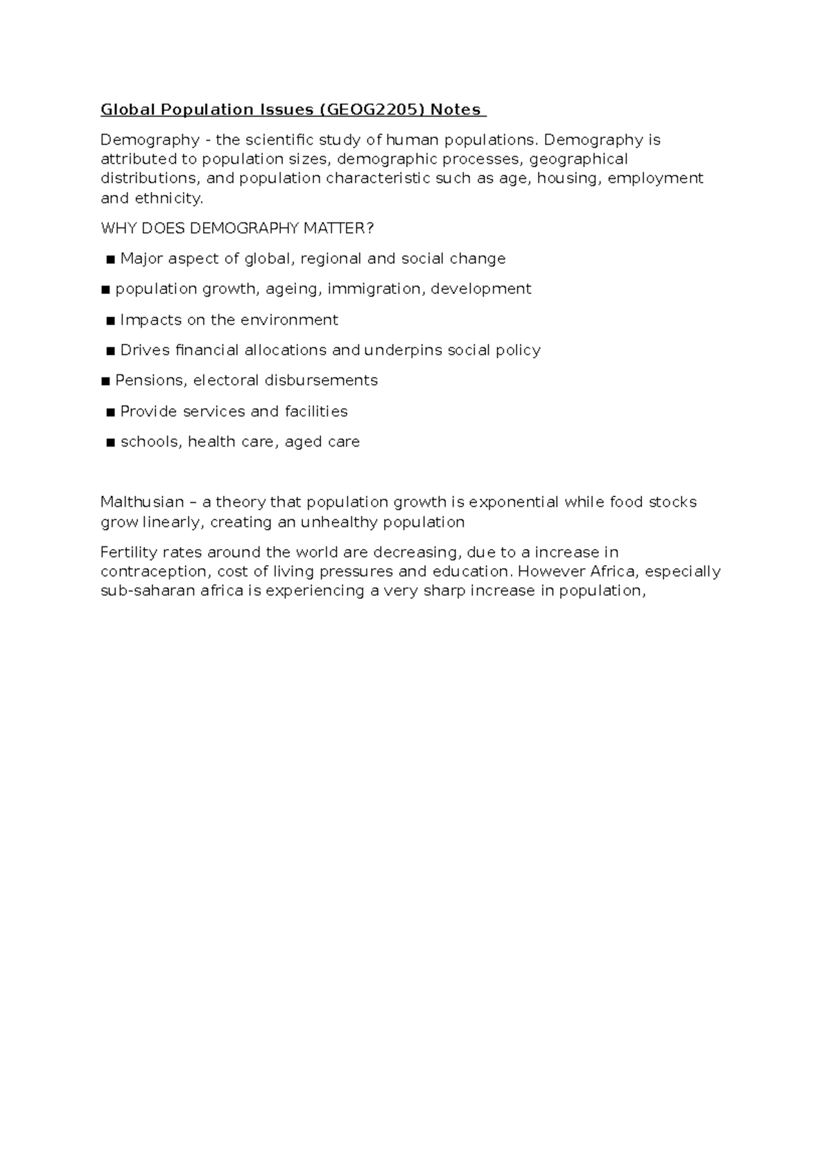 Global Population Issues (GEOG2205) Demography and Its Global Impact ...