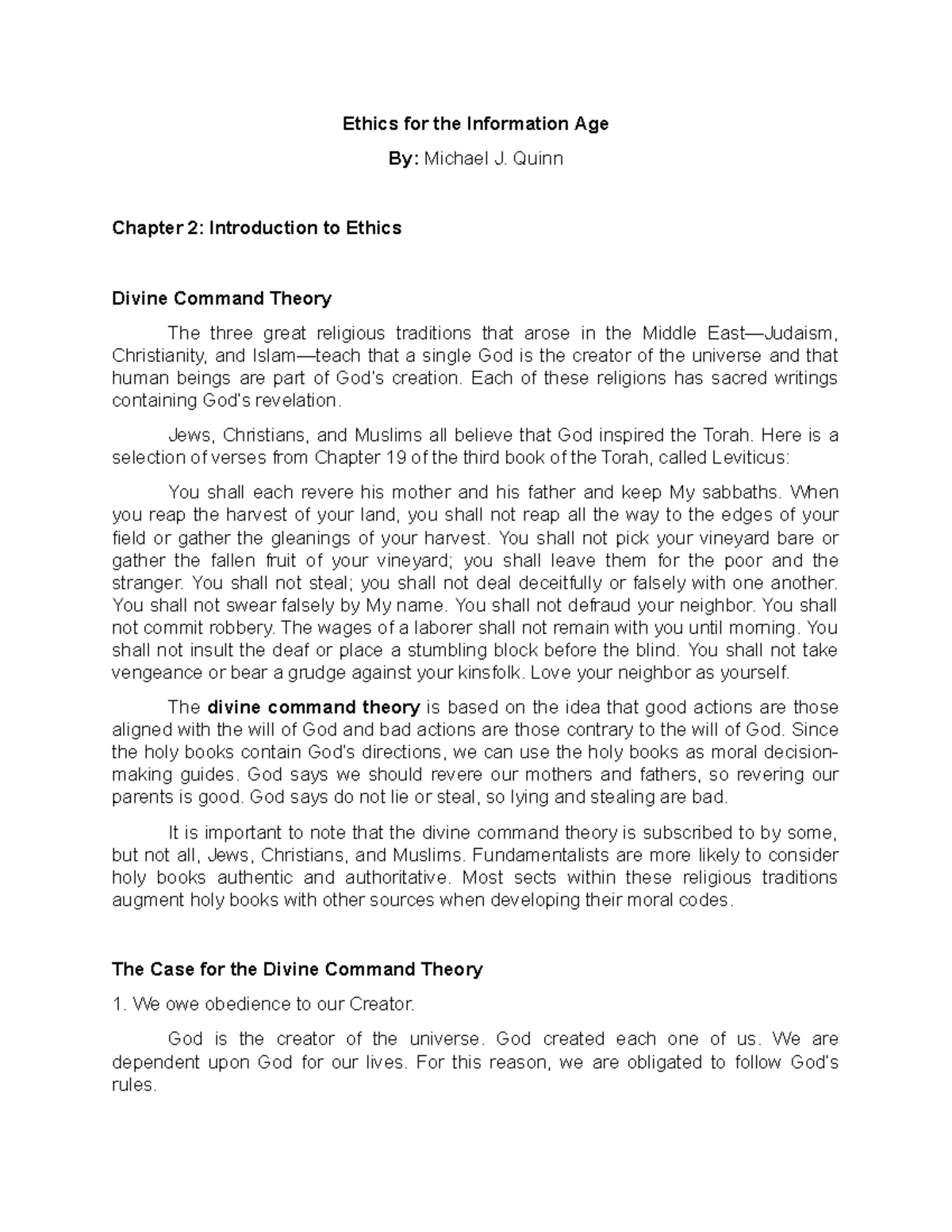 Chapter 2 Introduction to Ethics Divine Command Theory - Social and ...