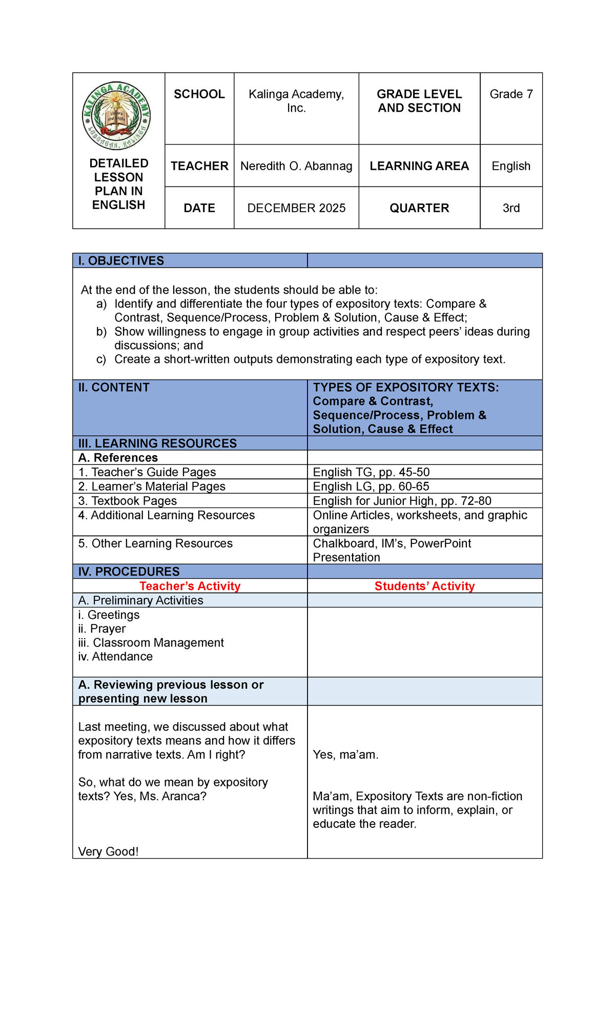 KA-LP 1-1: Detailed Lesson Plan on Expository Texts for Grade 7 - Studocu