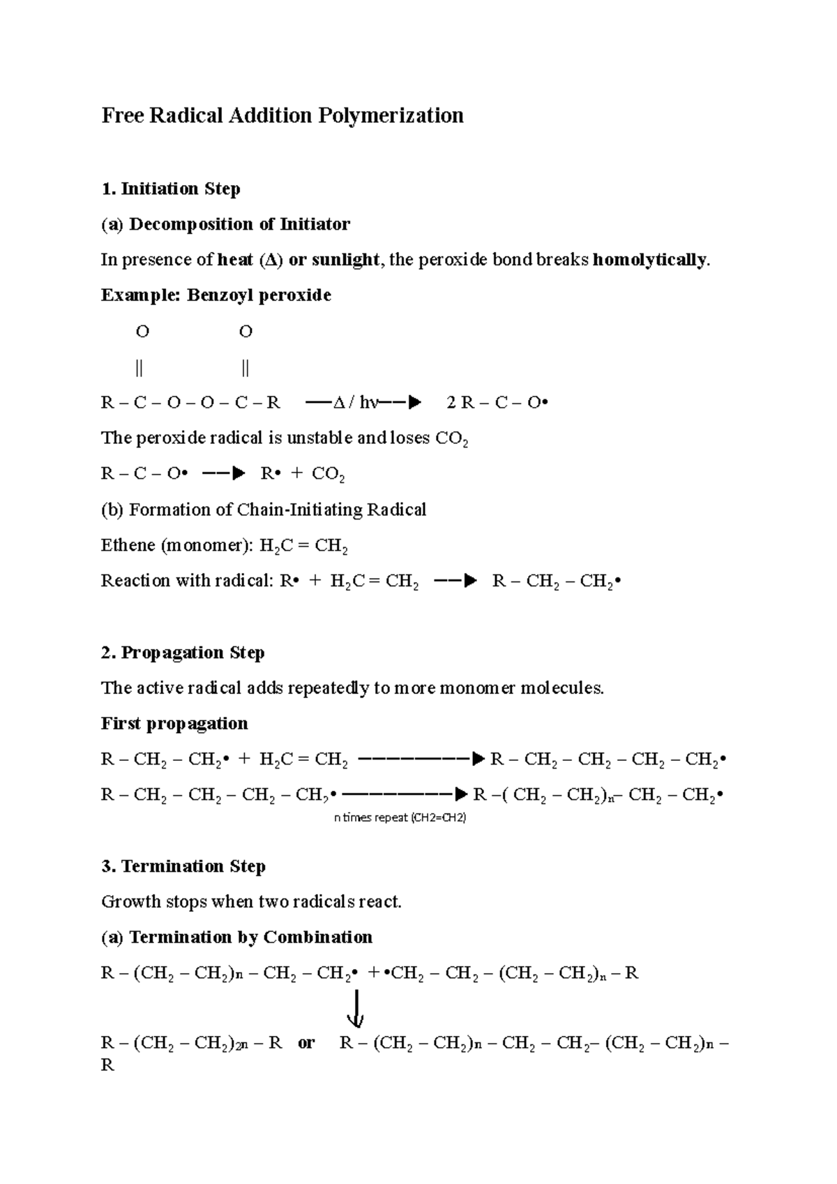 Free Radical Addition Polymerization: Initiation, Propagation ...