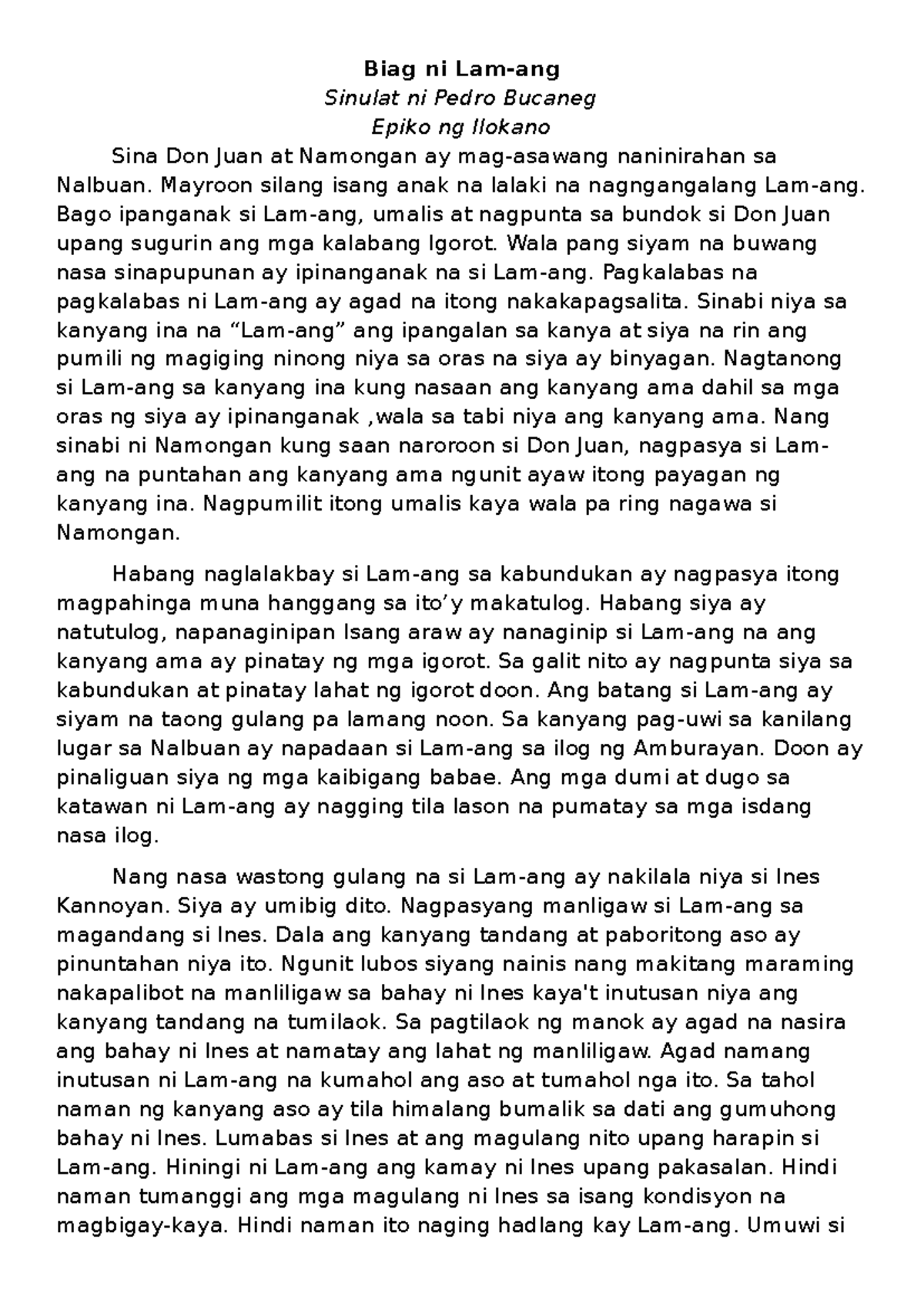 Biag ni Lam-ang: Buod ng Epiko ng Ilokano - Studocu