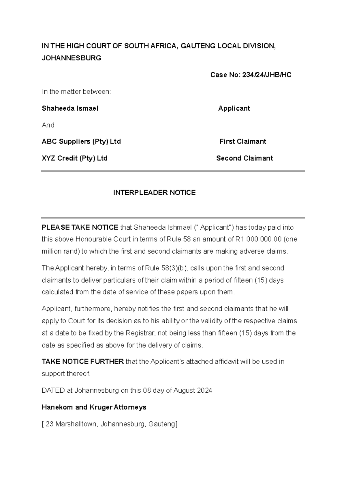 Interpleader Notice: Shaheeda Ismael v. ABC & XYZ Suppliers - Case 234/ ...