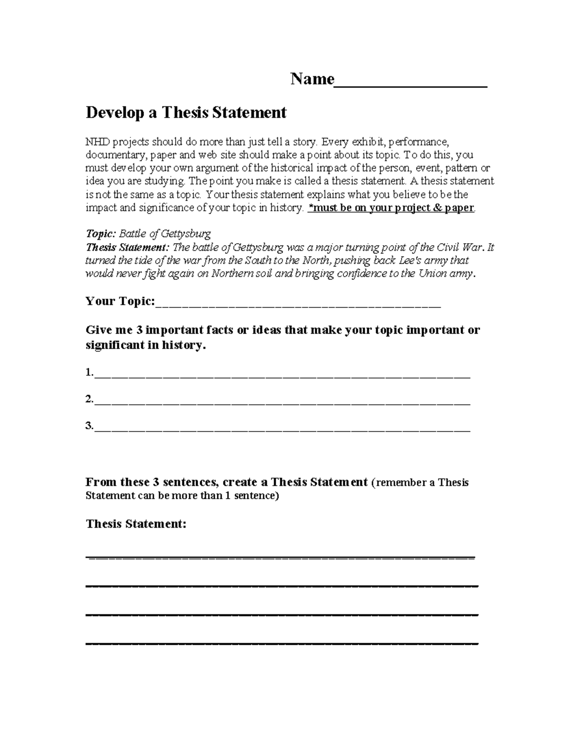 Developing a Thesis Statement for NHD Projects - HD #4 - Studocu