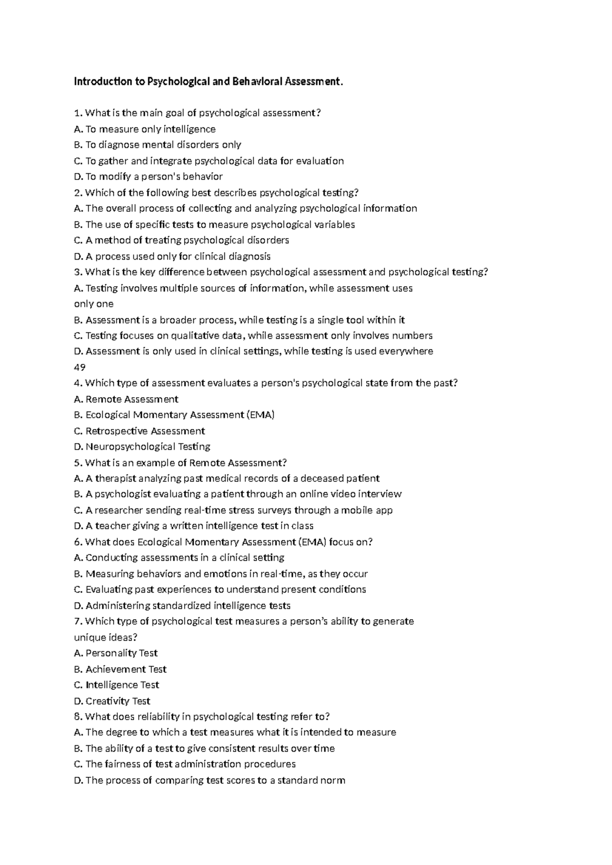 Psychological Assessment & Testing: Quiz Review (PSY 101) - Studocu