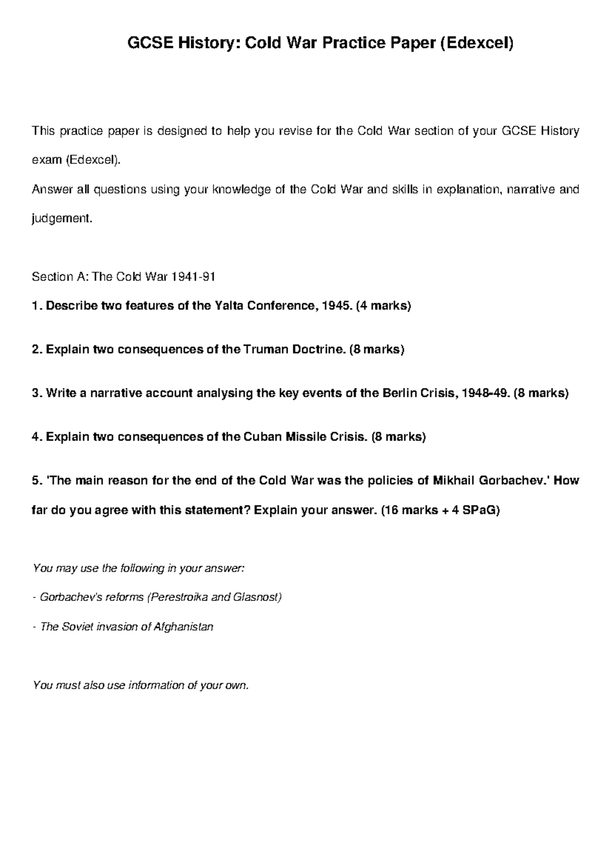 GCSE History: Cold War Practice Paper (Edexcel) Revision Guide - Studocu