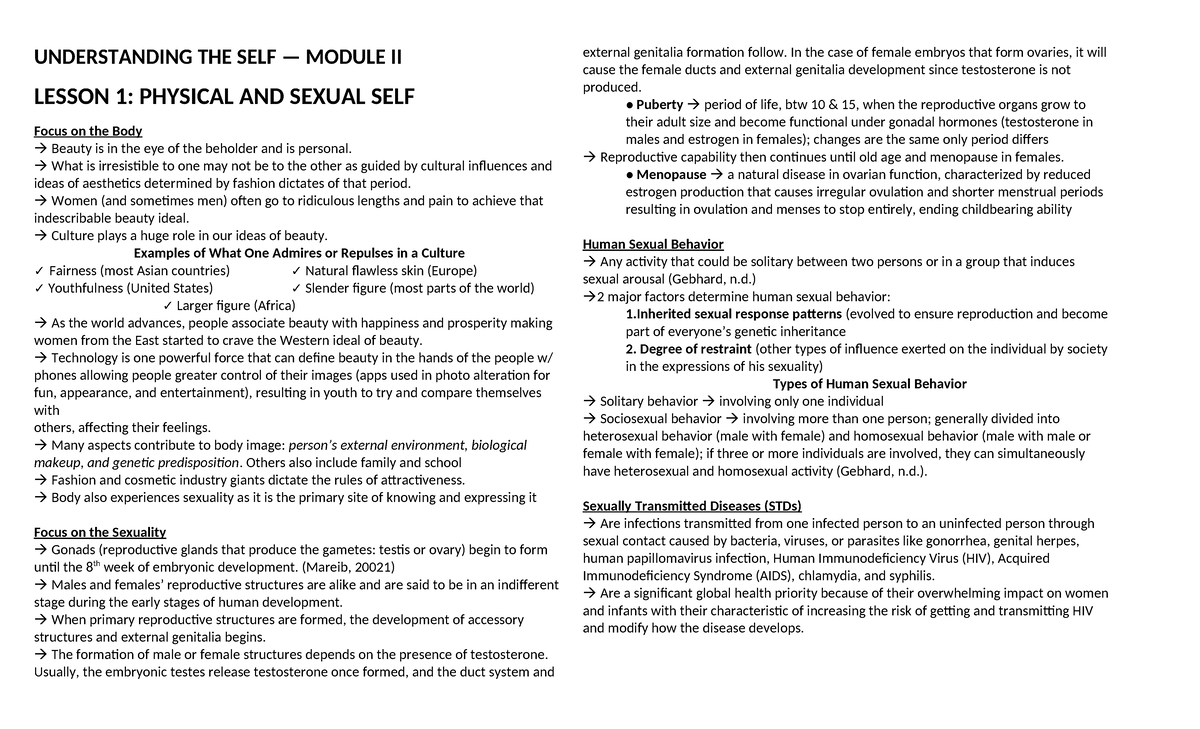 UTS - Understanding the Self: Module II Lesson 1 & 2 Review Notes - Studocu