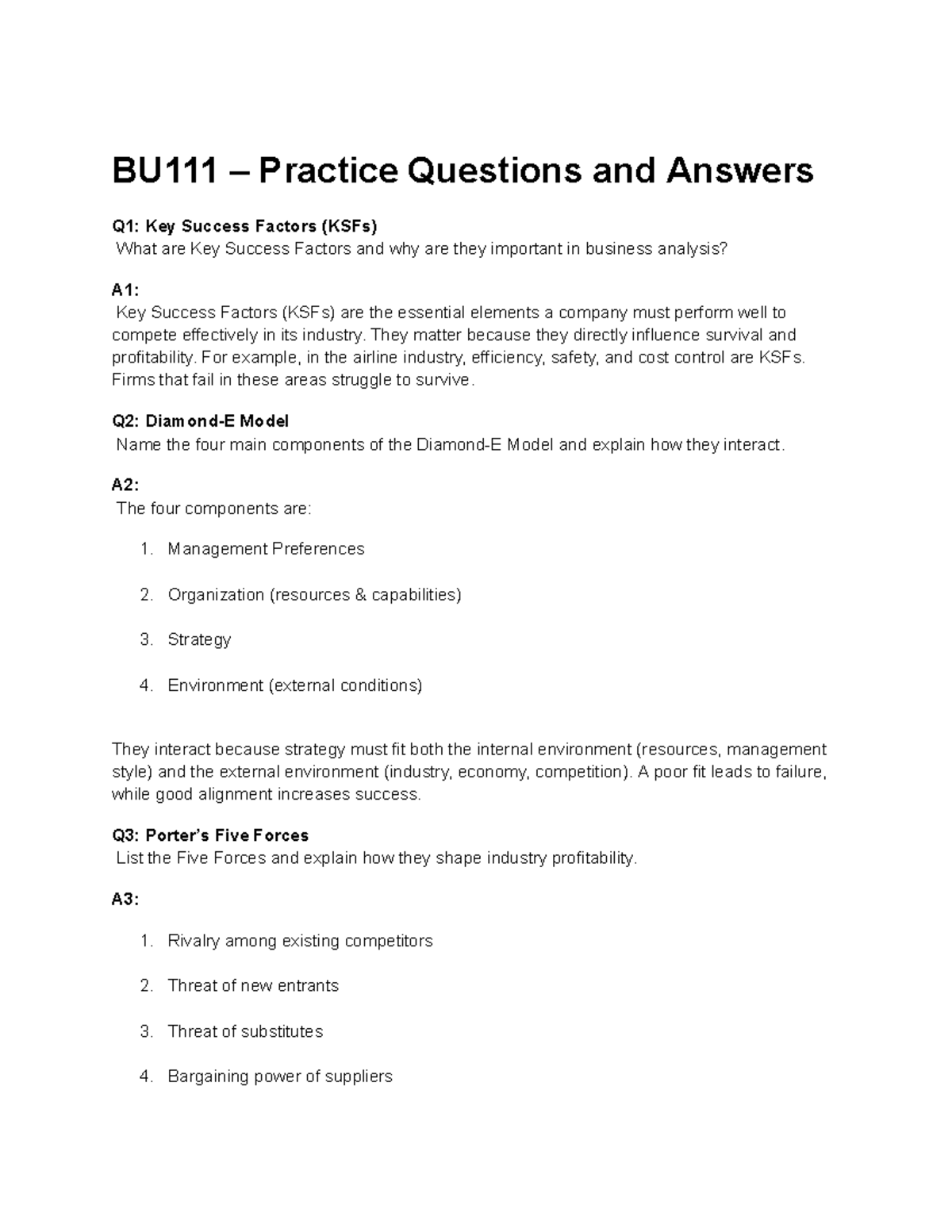 BU111 – Practice Questions on Key Success Factors & Business Analysis ...