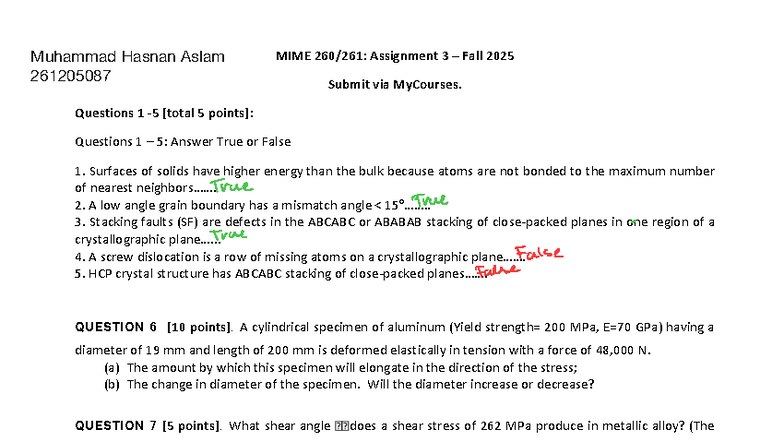 MIME 261205087 Assignment 3: Material Properties & Phase Diagrams - Studocu