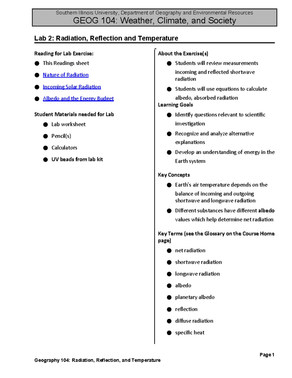 GEOG 104 Lab 2: Radiation, Reflection, and Temperature Guide S25 - Studocu