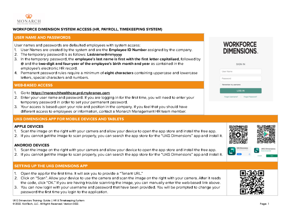 Monarch HR Access Guide: UKG Dimensions Login Instructions 0622 - Studocu